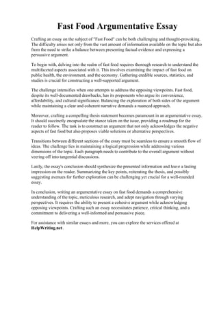 Fast Food Argumentative Essay | PDF