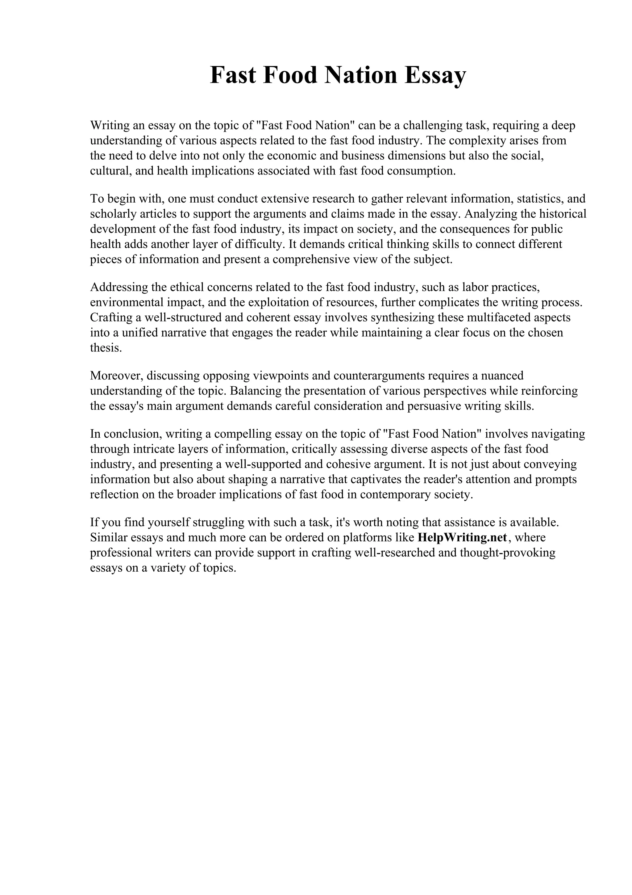 Fast Food Nation Essay. Jubilee University | PDF