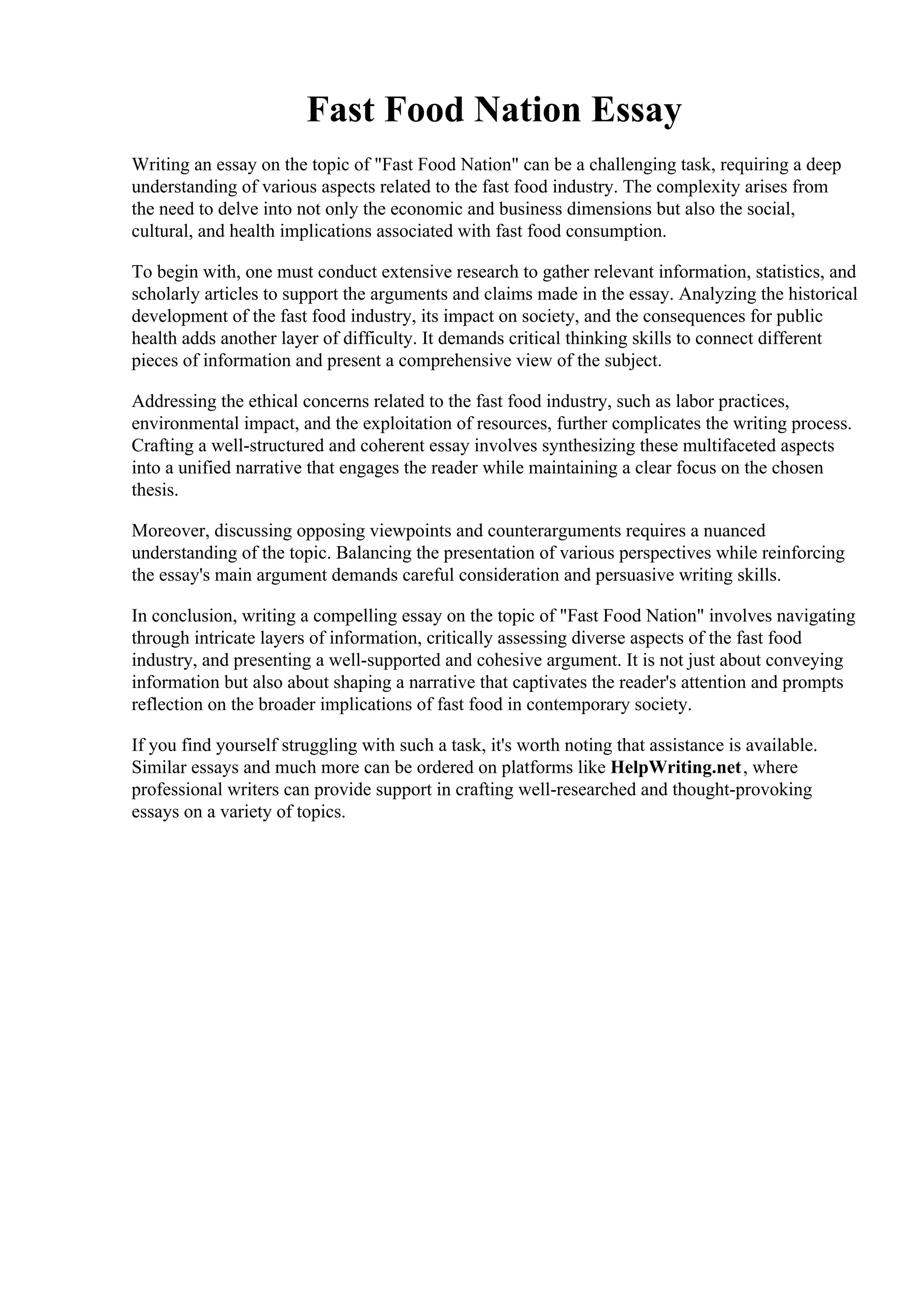 Fast Food Nation Essay The Fast Food Industry Essay Example Topics And Well Written Essays