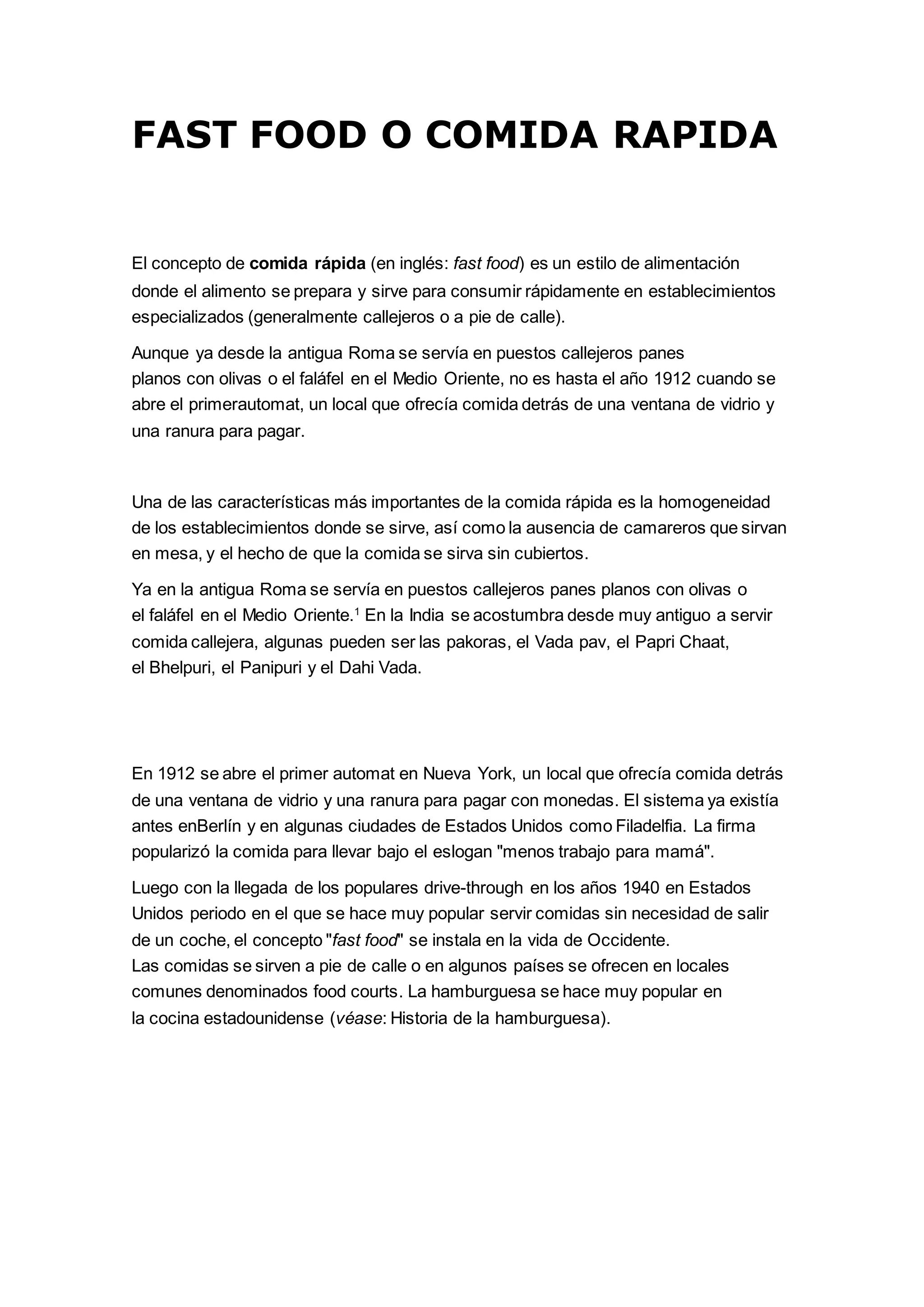 Fast food o comida rapida | DOCX