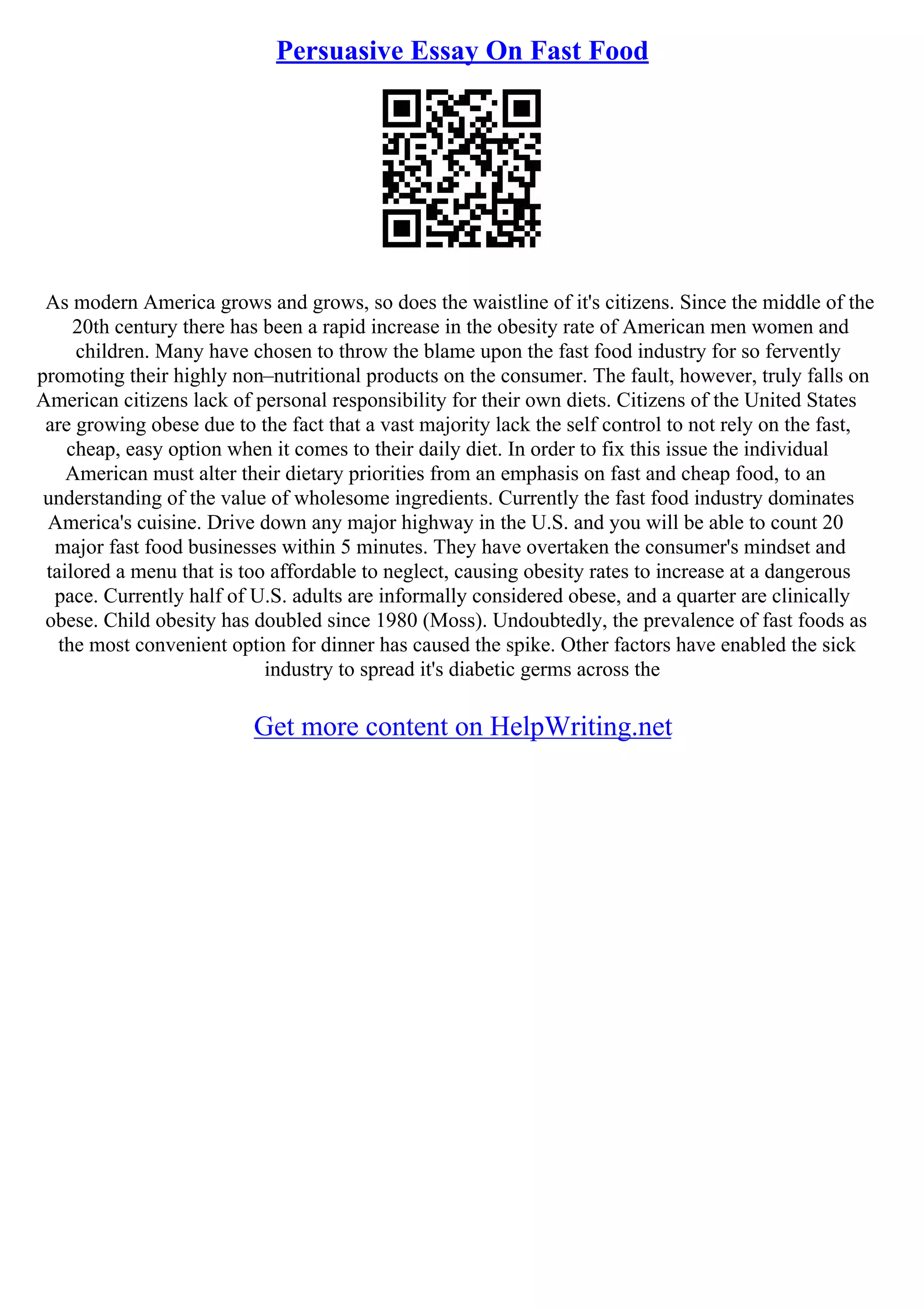 Fast Food Persuasive Essay | PDF