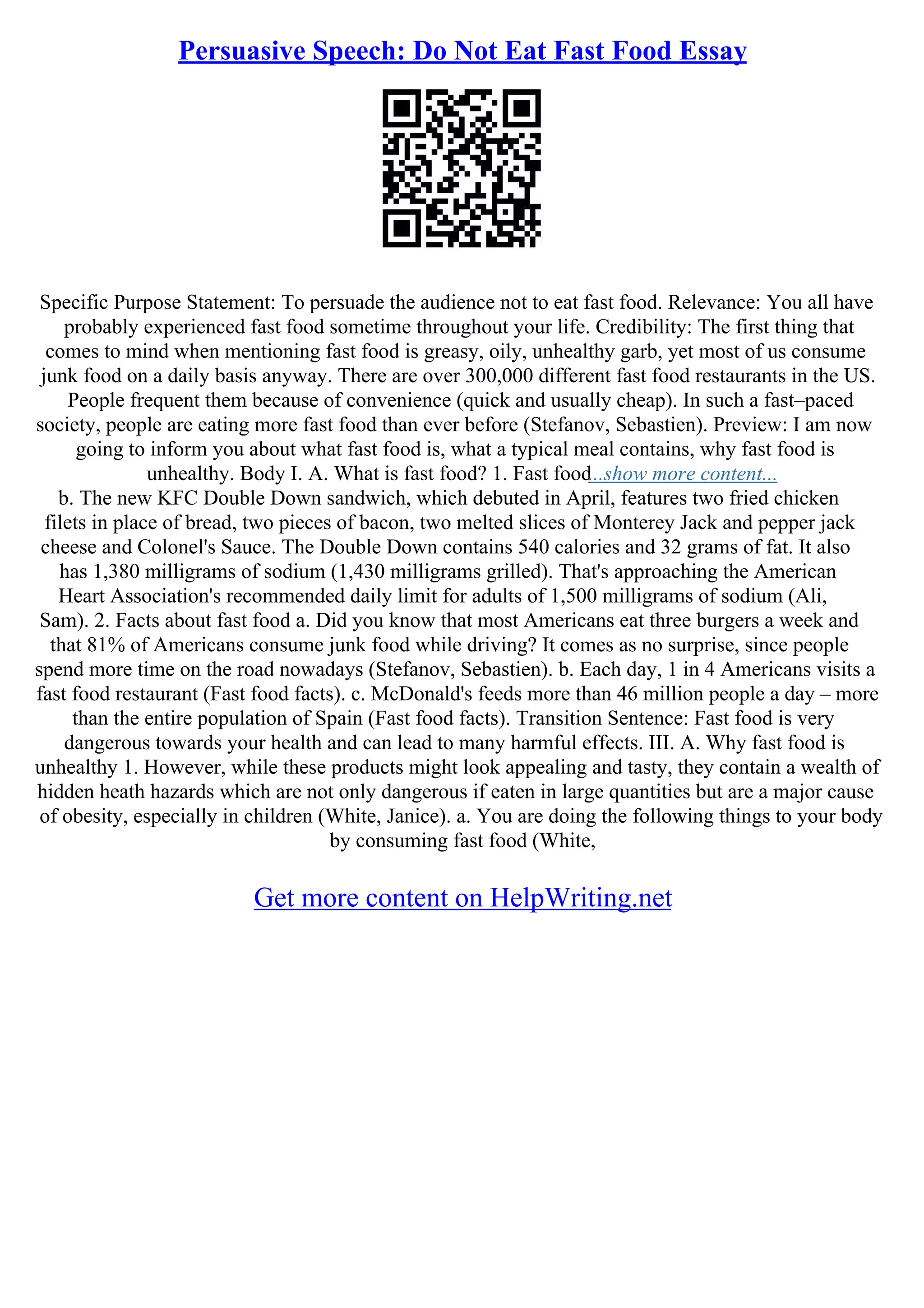 Fast Food Persuasive Essay | PDF