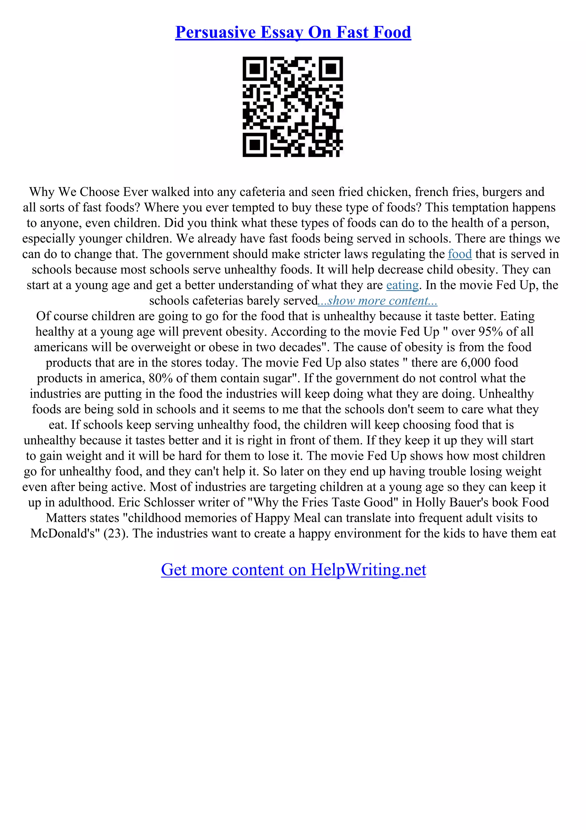 Fast Food Persuasive Essay | PDF