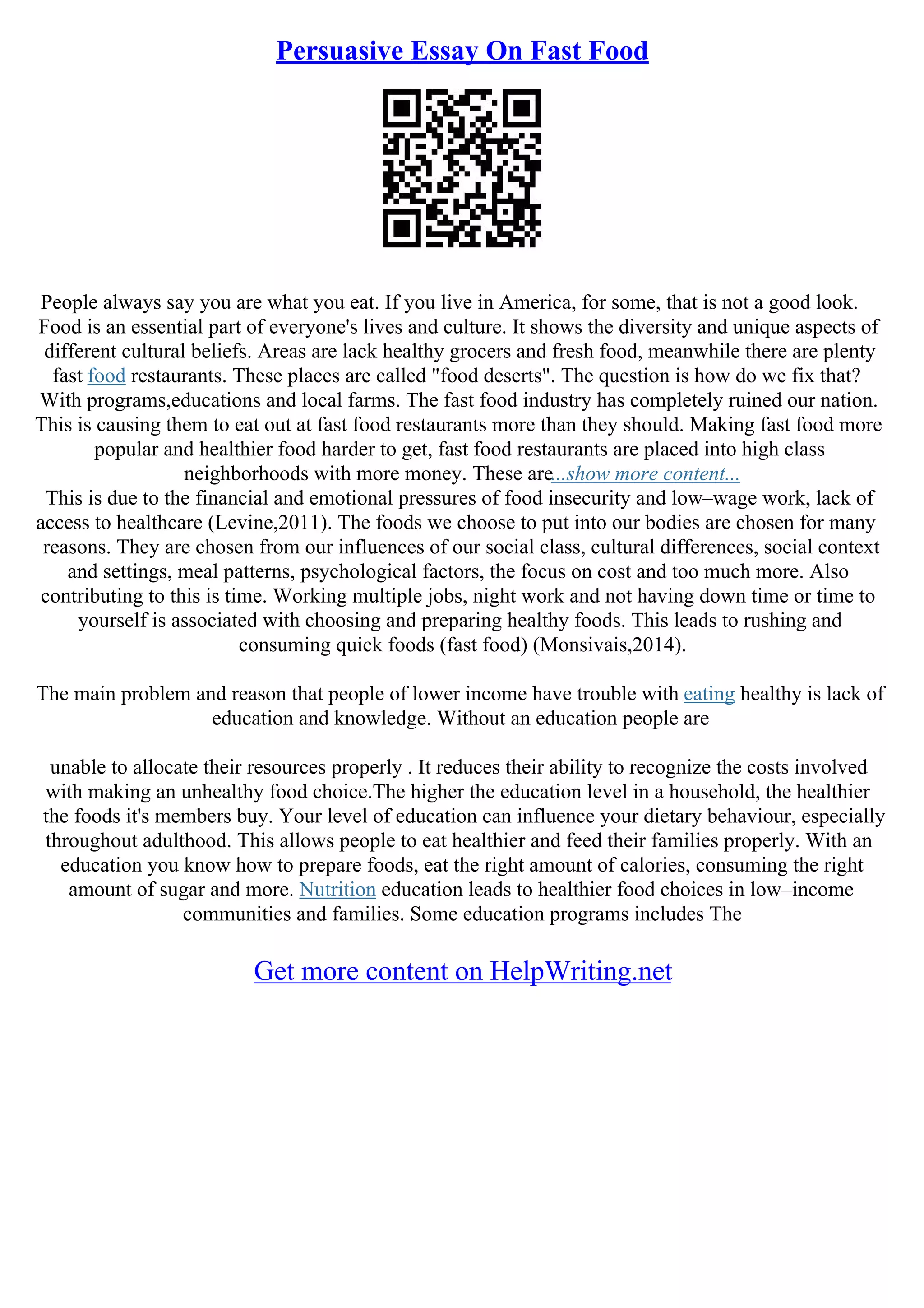 Fast Food Persuasive Essay | PDF