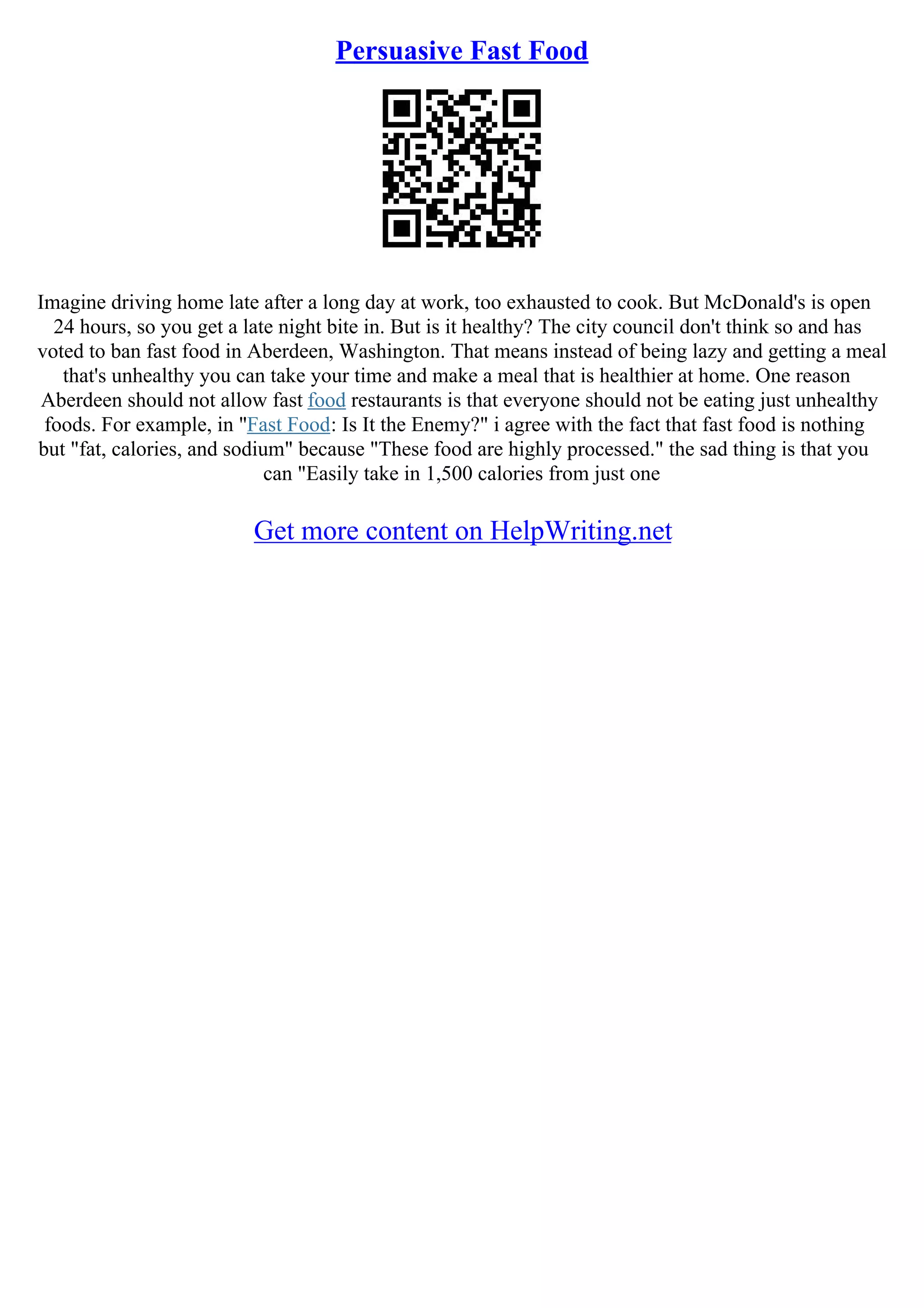 Fast Food Persuasive Essay | PDF