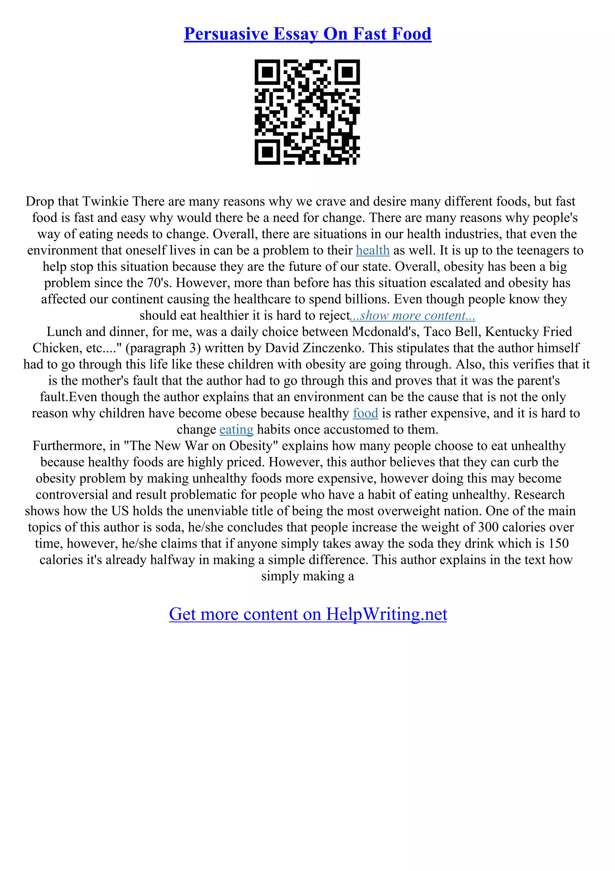 Fast Food Persuasive Essay | PDF