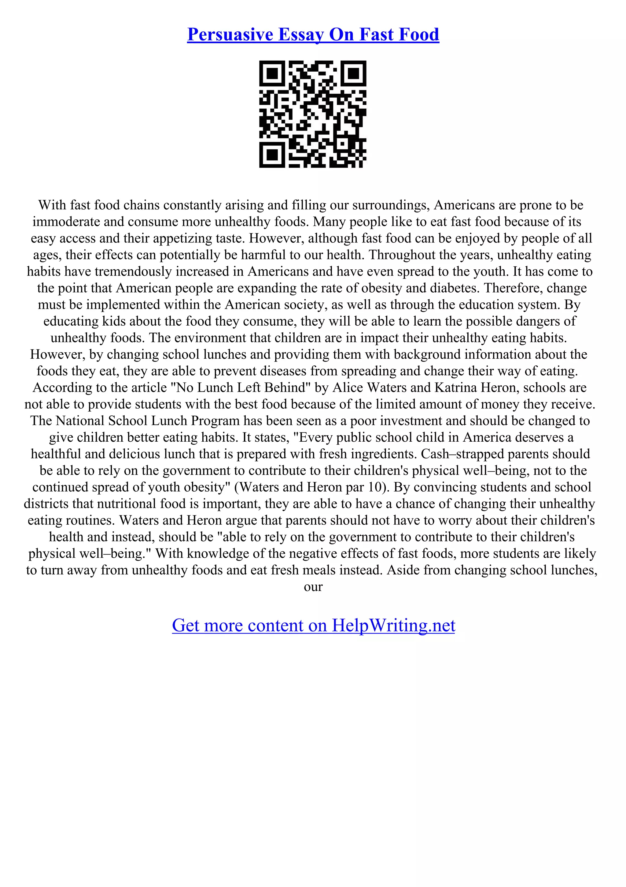 Fast Food Persuasive Essay | PDF