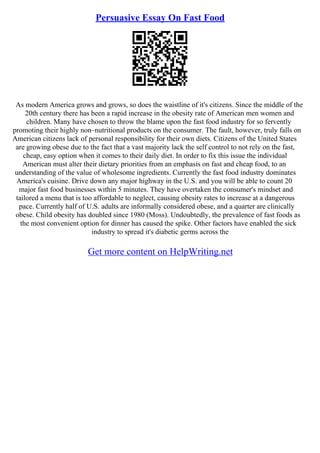 Fast Food Persuasive Essay | PDF