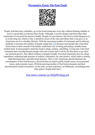 Fast Food Persuasive Essay | PDF