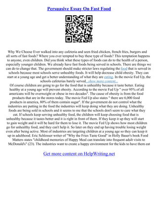 Fast Food Persuasive Essay | PDF