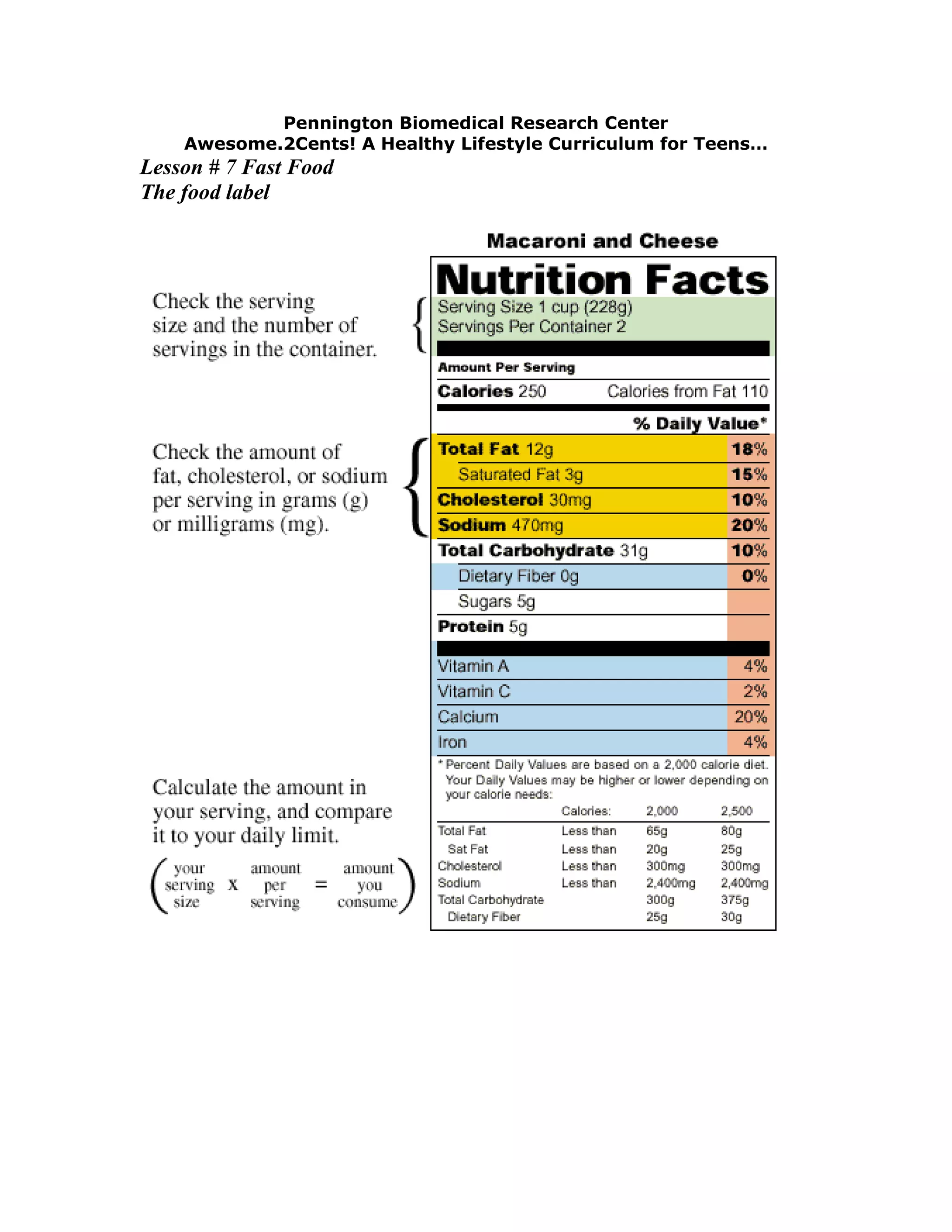 Teen Healthy Lifestyle Lesson on Fast Food Labels | PDF