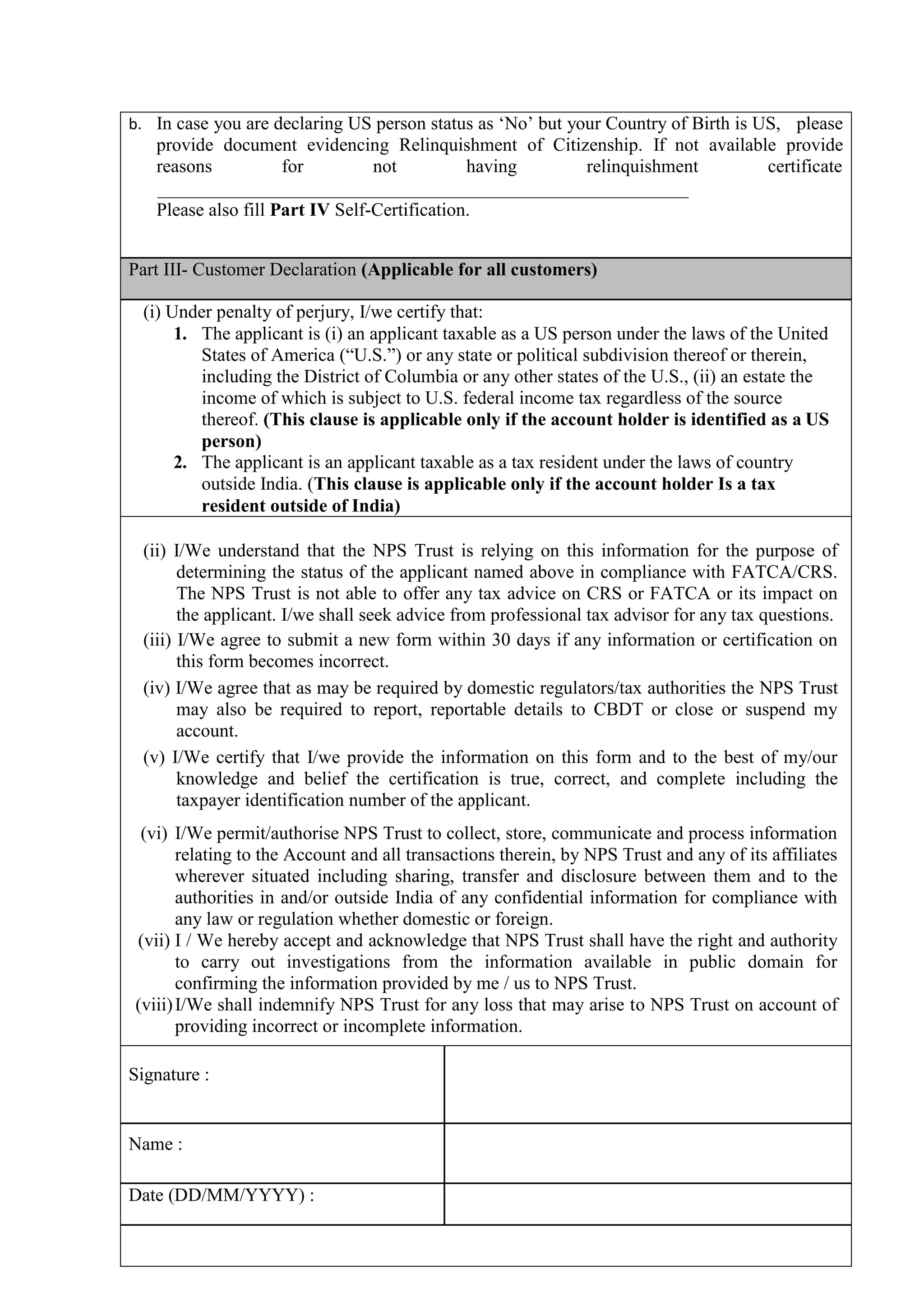 Fatca self declaration_format | PDF
