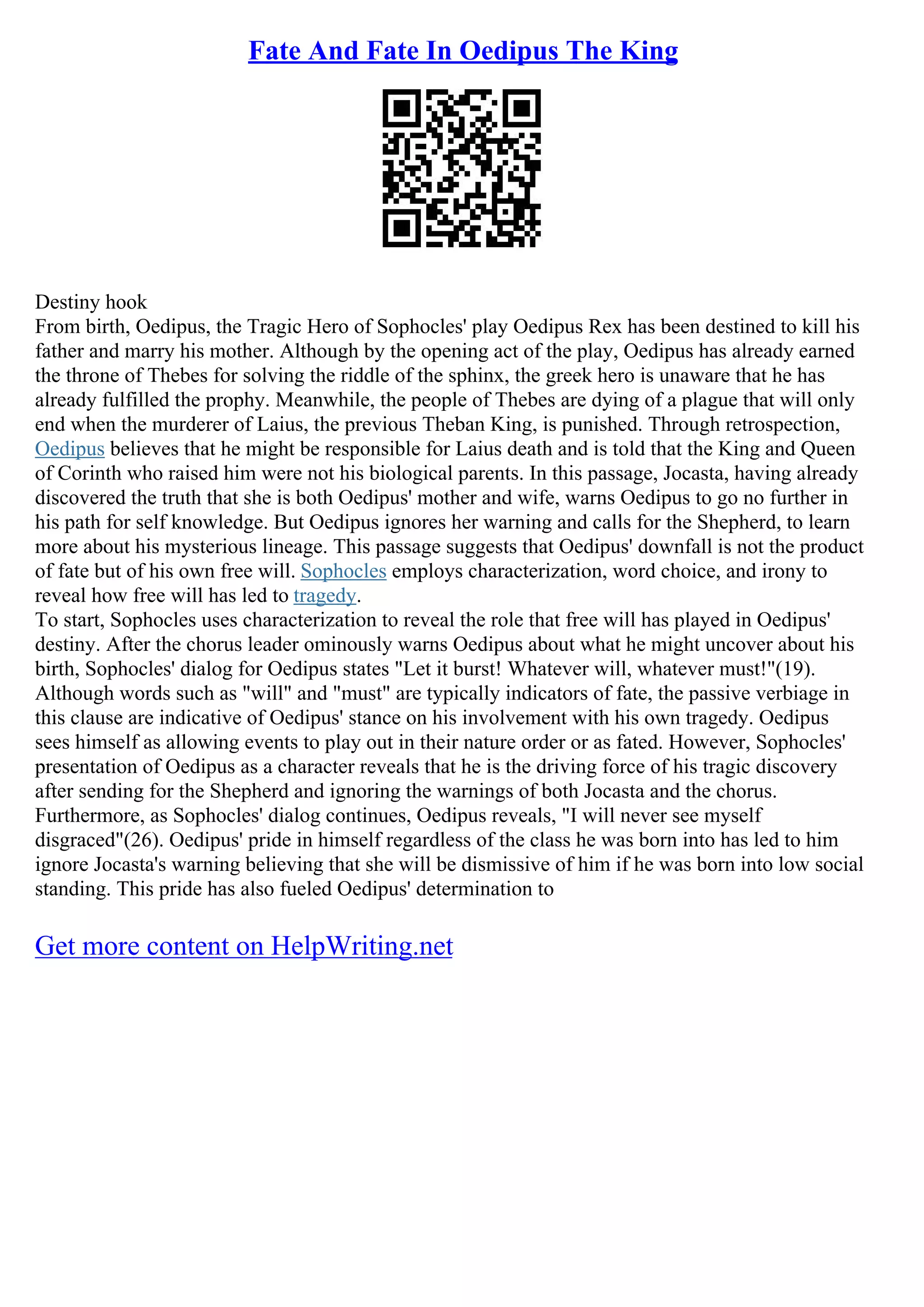 Fate And Fate In Oedipus The King | PDF