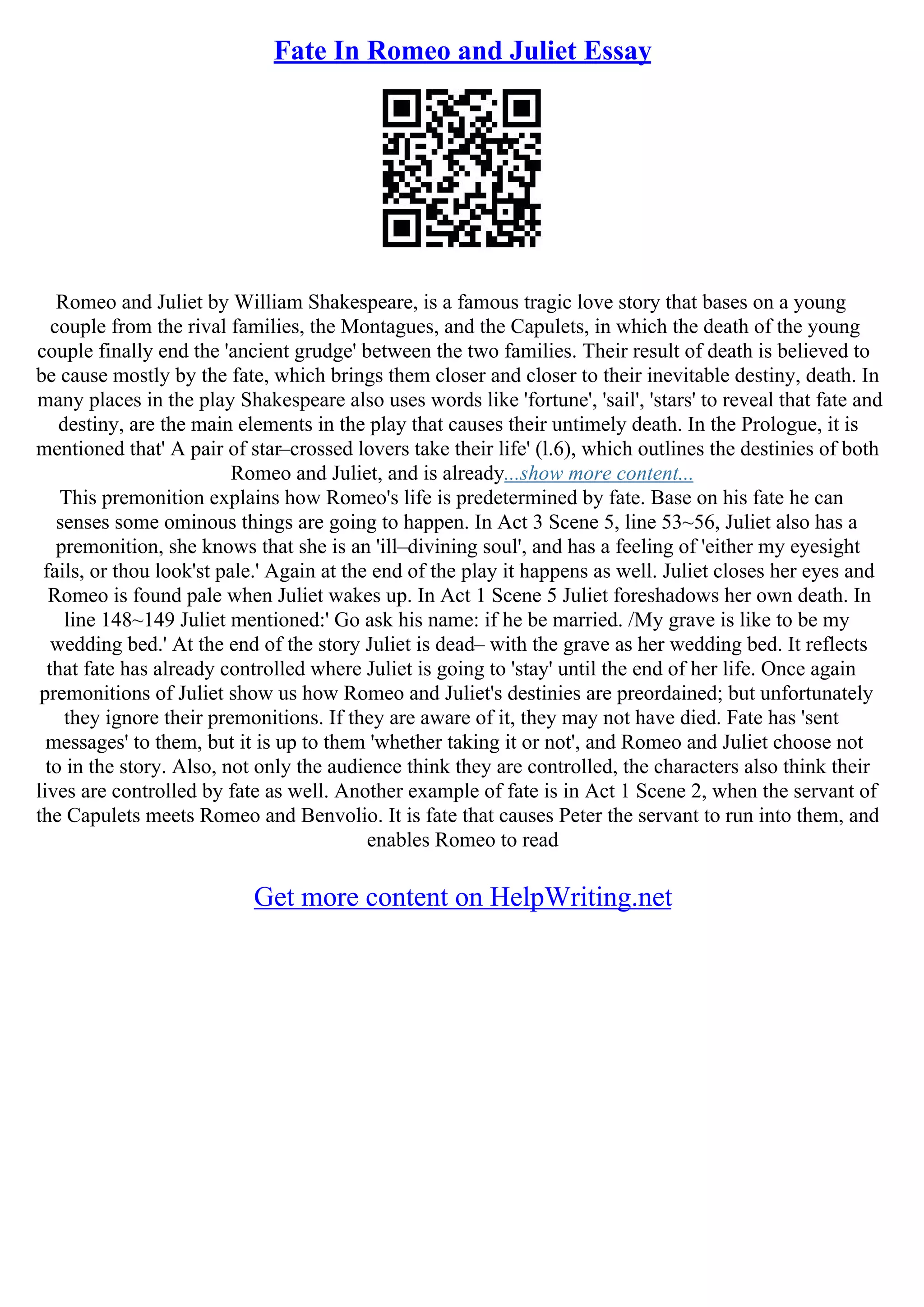 Fate In Romeo And Juliet Essay | PDF