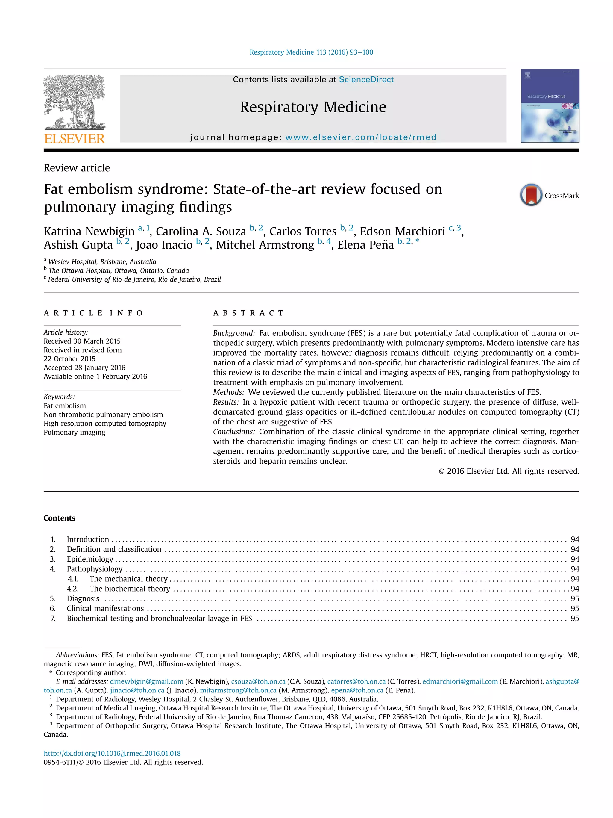 Fat embolism syndrome state of-the-art review focused on | PDF