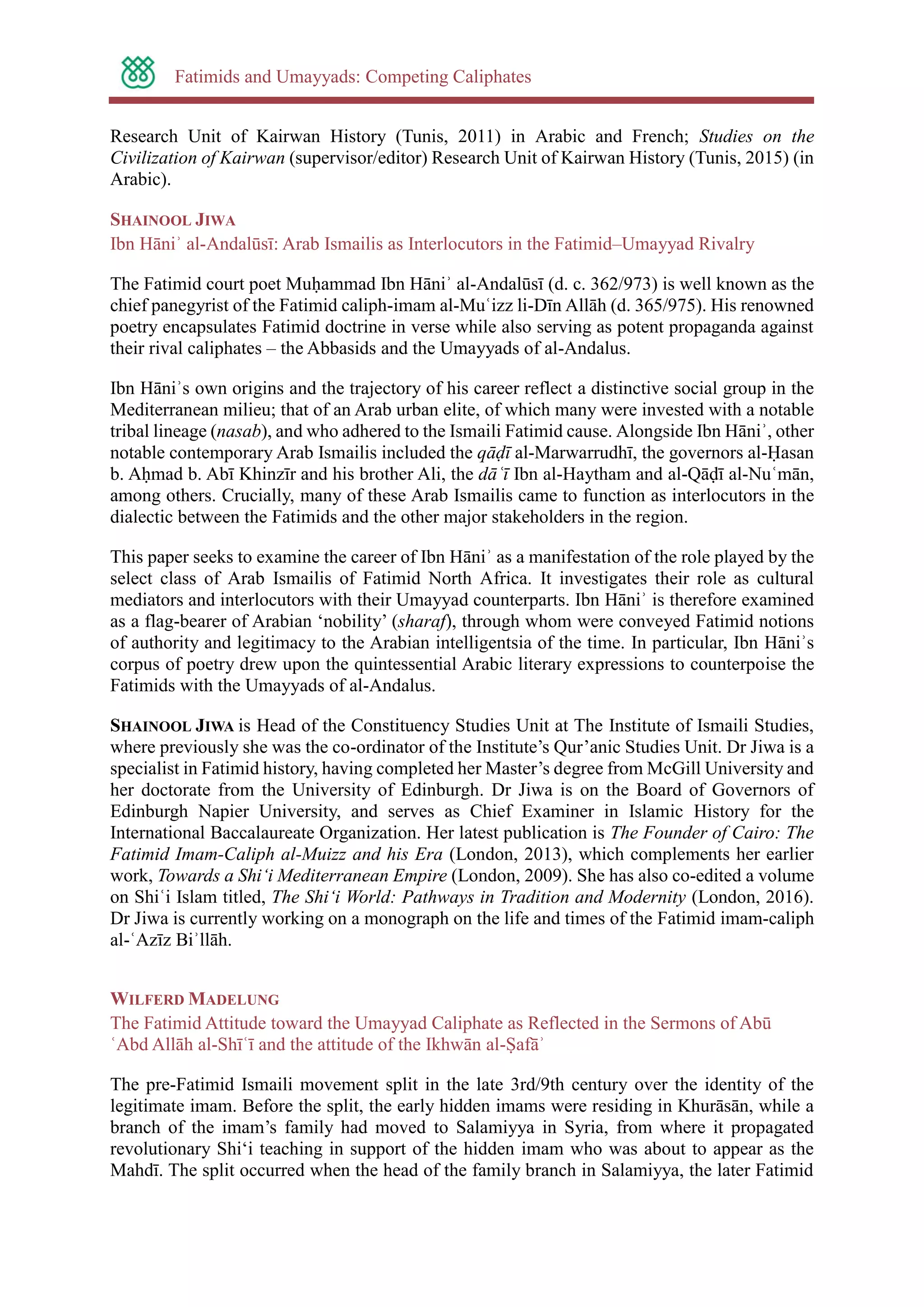 Program and abstracts, conference on "Fatimids and Umayyads: Competing ...