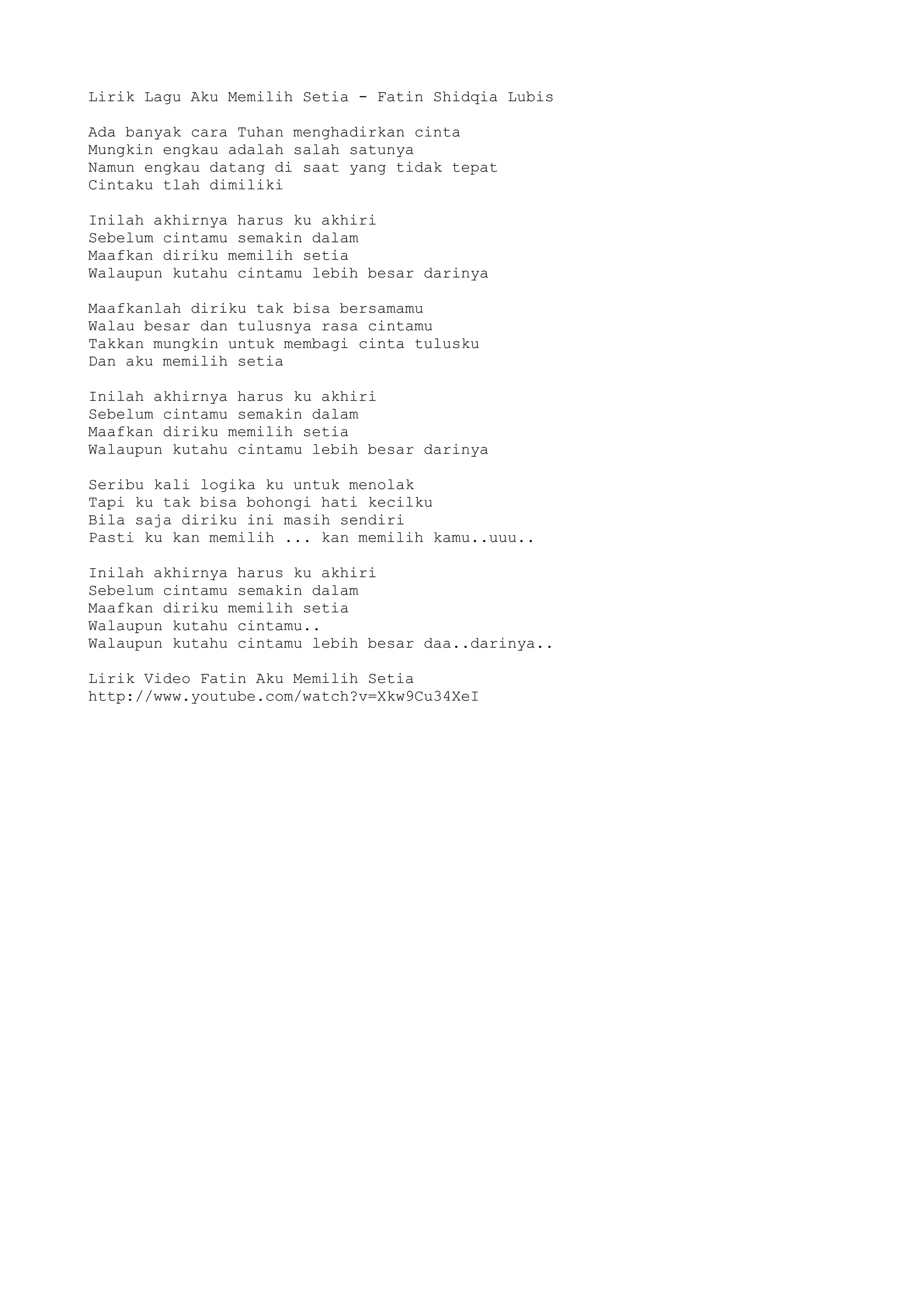 Fatin aku memilih setia lirik | DOCX