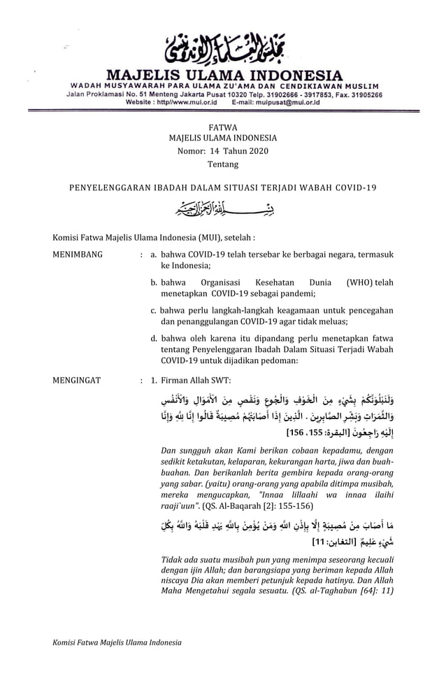 Fatwa MUI Nomor 14 Tahun 2020 | PDF