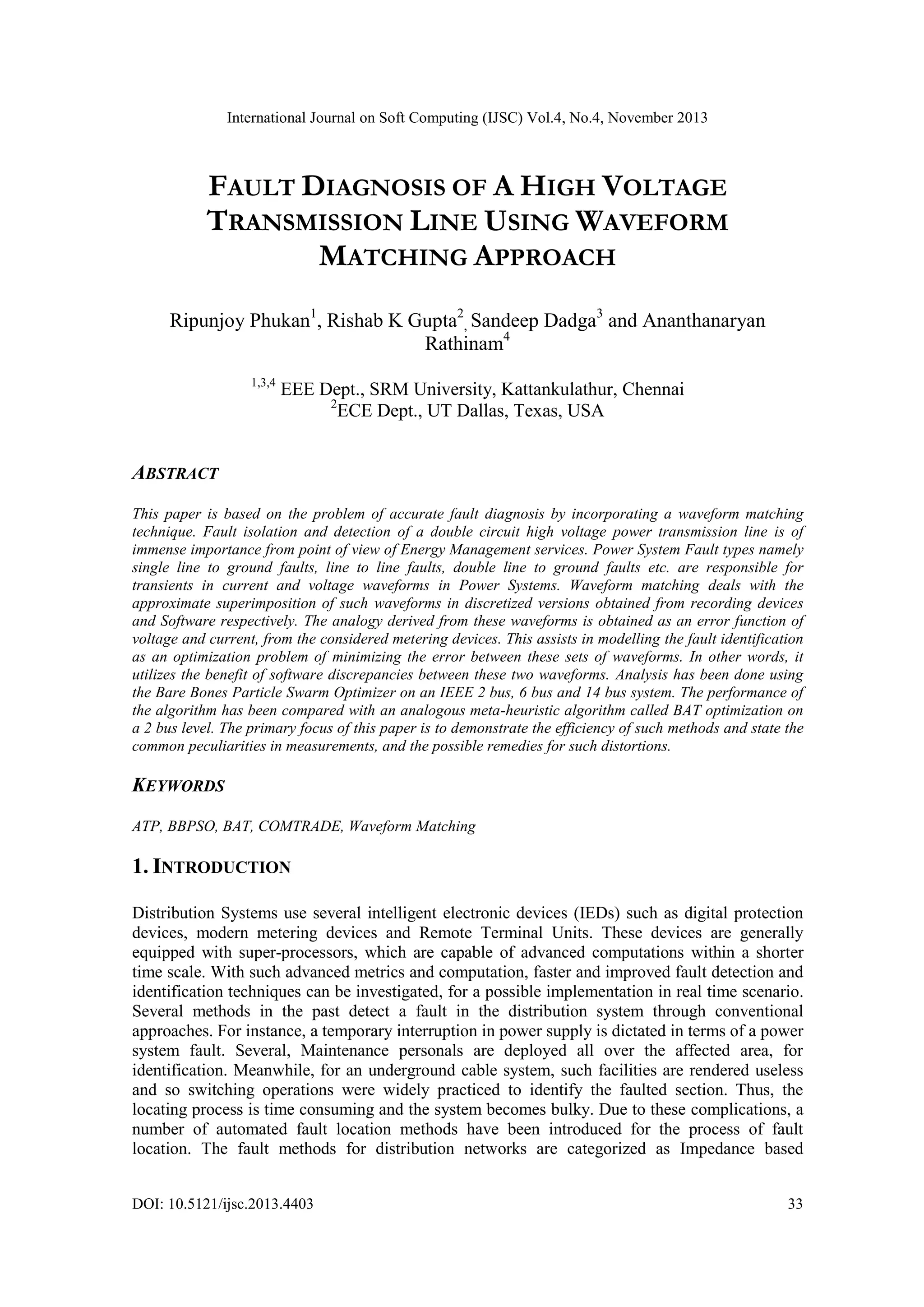 Fault diagnosis of a high voltage transmission line using waveform matching approach | PDF