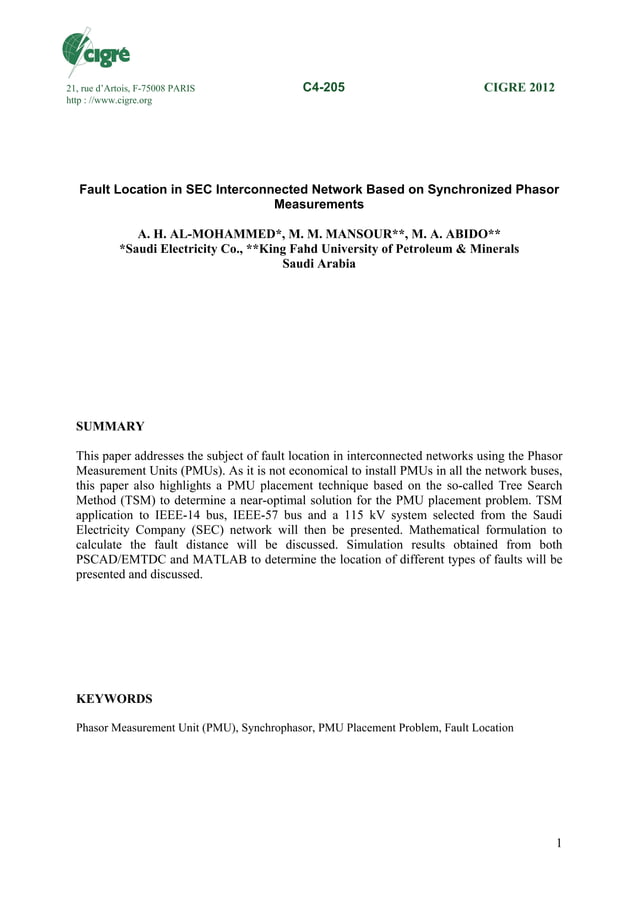 Fault Location In Sec Interconnected Network Based On Synchronized Phasor Measurements Pdf