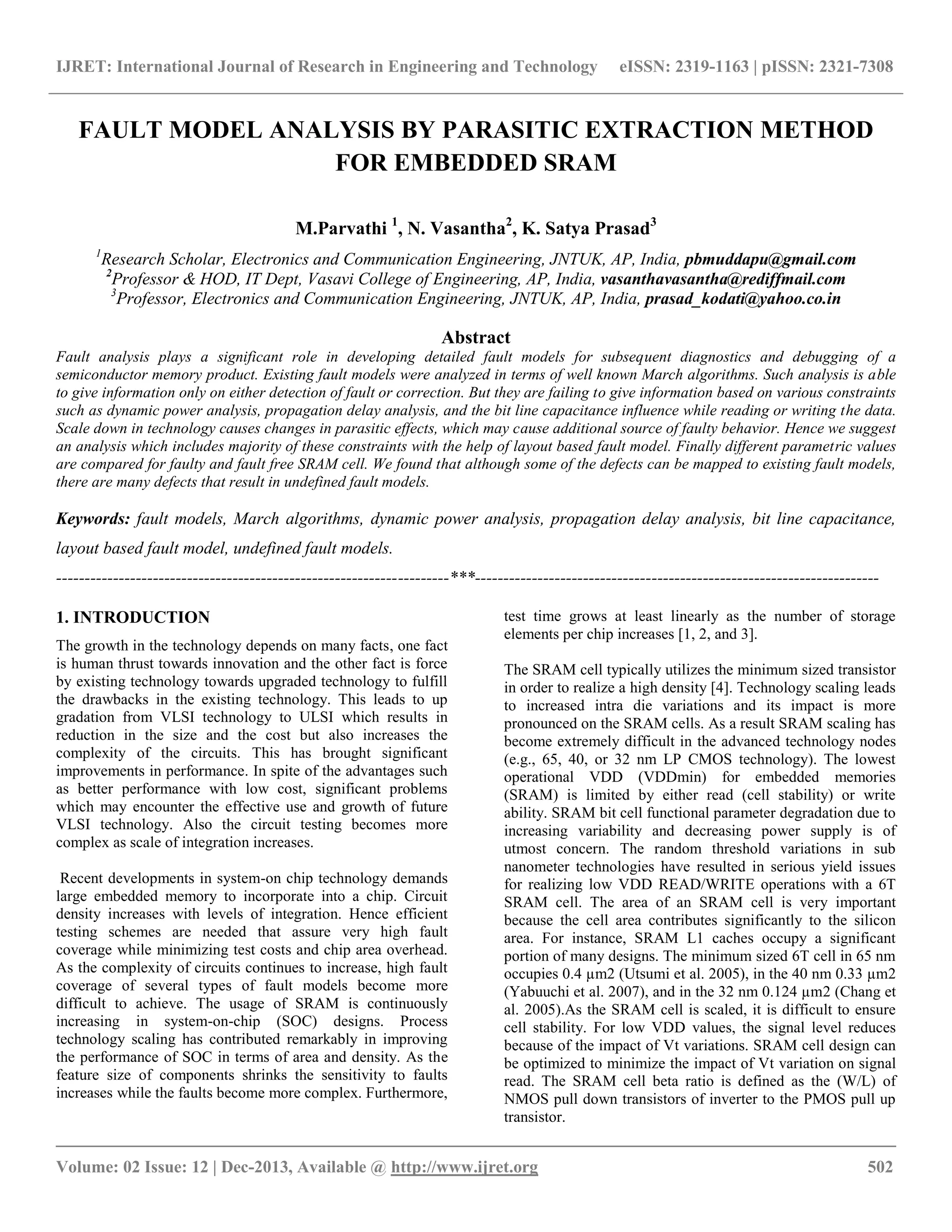Fault model analysis by parasitic extraction method for embedded sram | PDF