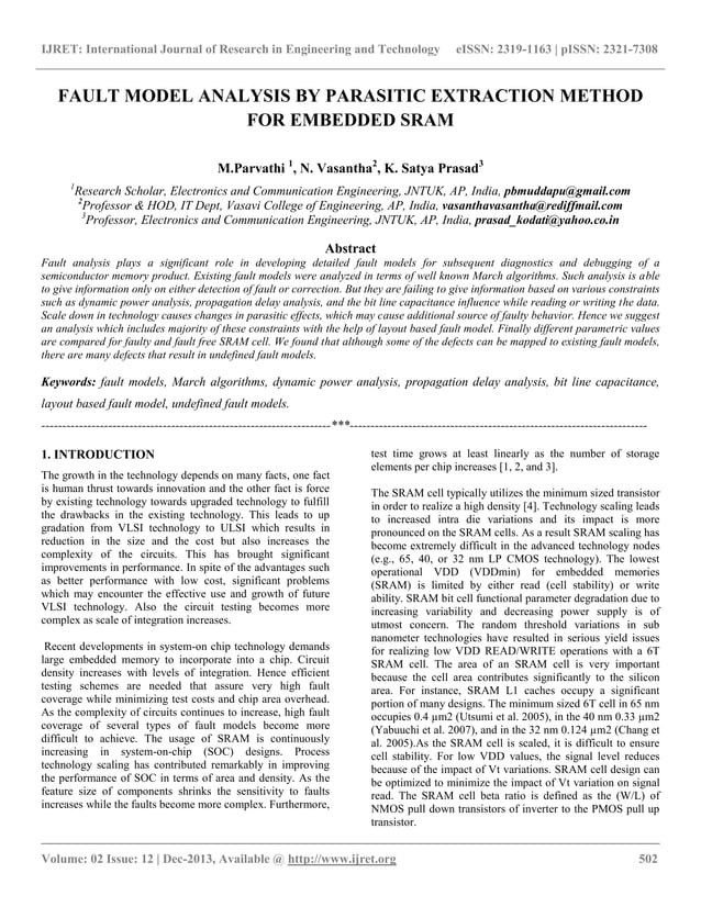 Fault Model Analysis By Parasitic Extraction Method For Embedded Sram Pdf