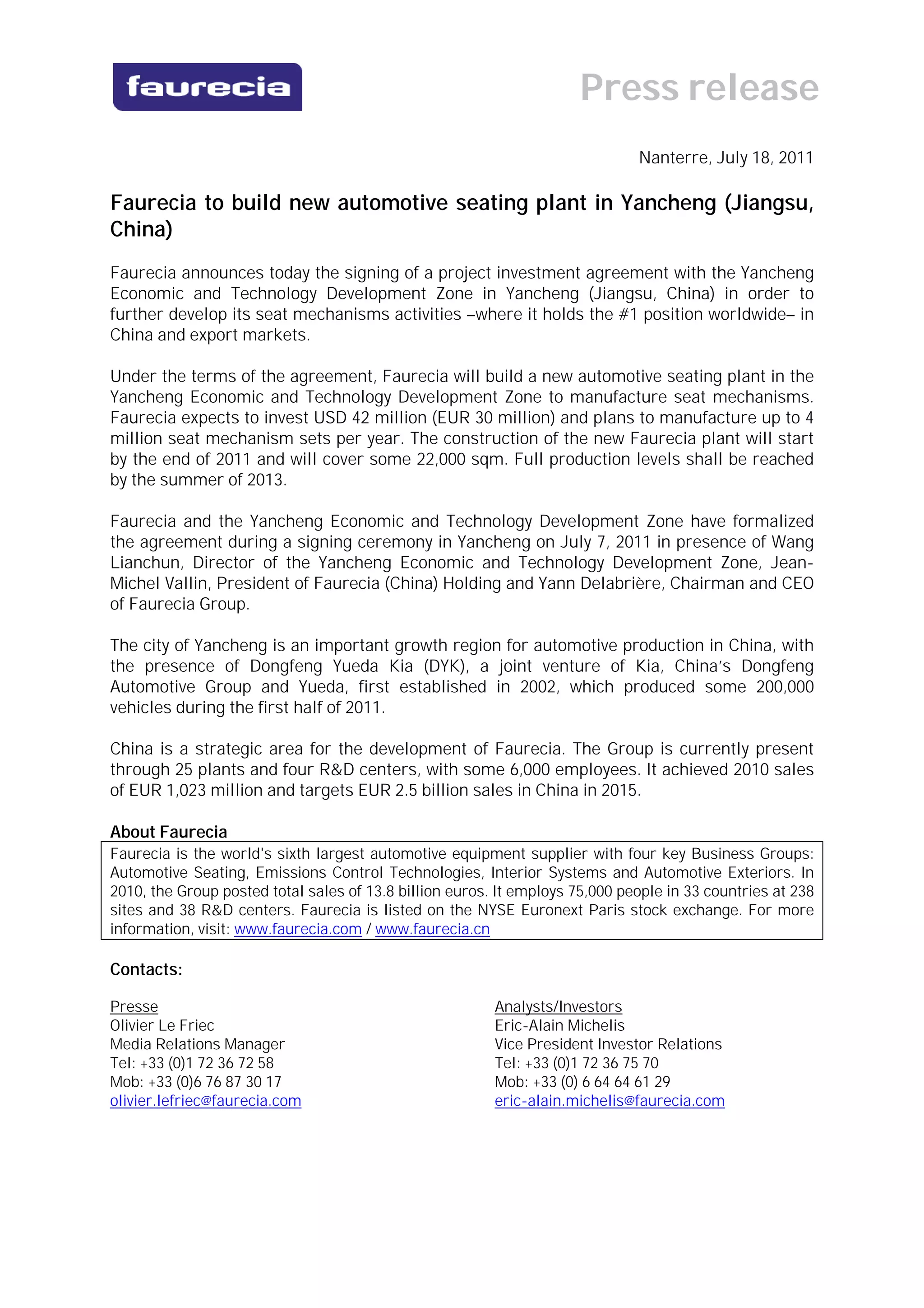 Faurecia to build new automotive seating plant in Yancheng (Jiangsu ...