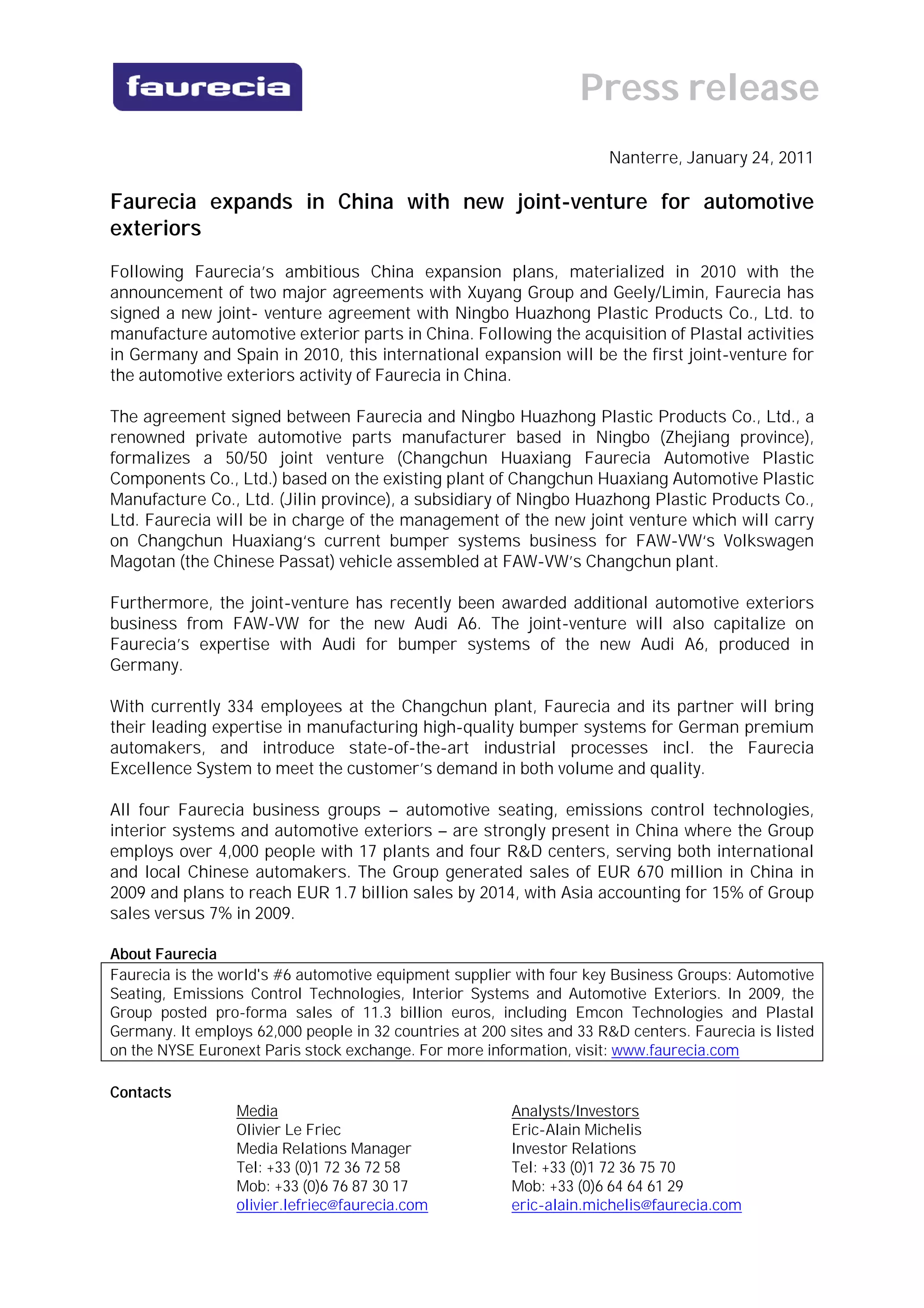 Faurecia expands in China with new joint-venture for automotive ...