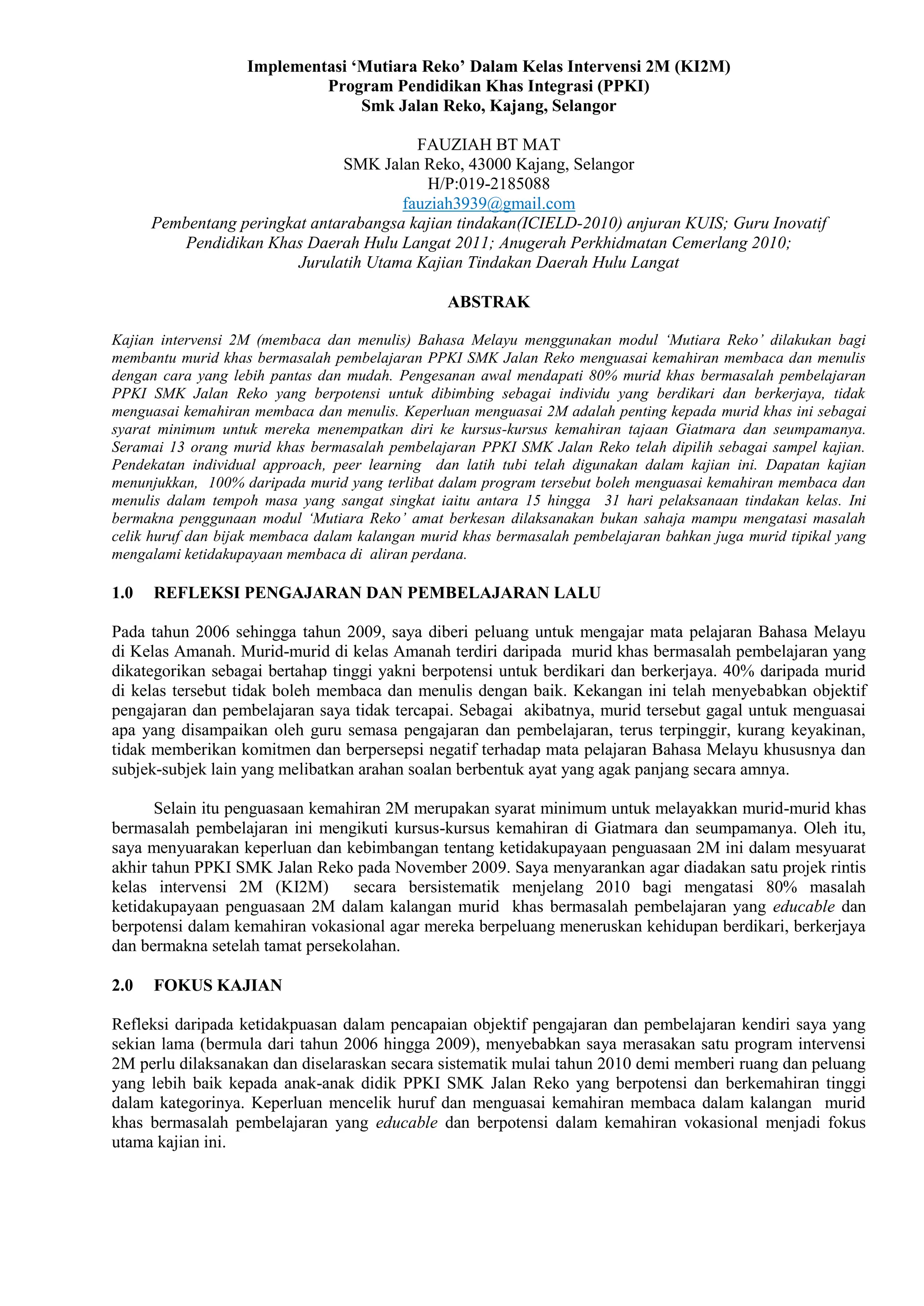 Implementasi ‘Mutiara Reko’ Dalam Kelas Intervensi 2M (KI2M) Program ...