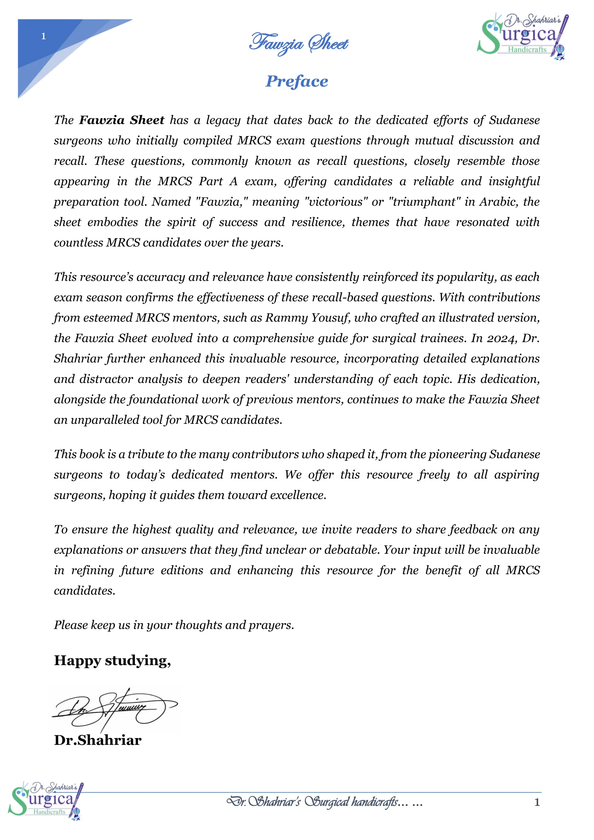 MRCS Fawzia 2024 illustrated by Dr.Shahriars Surgical Handicrafts | PDF