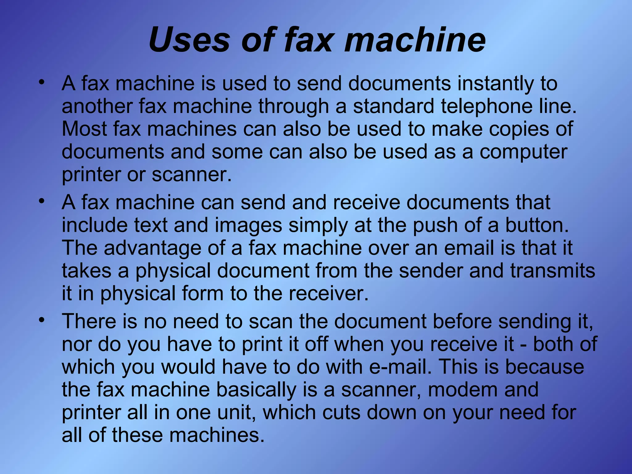Working and uses of fax machine,cell phone,photo phone and co puter | PPT
