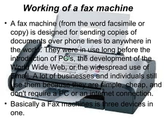 Working and uses of fax machine,cell phone,photo phone and co puter | PPT