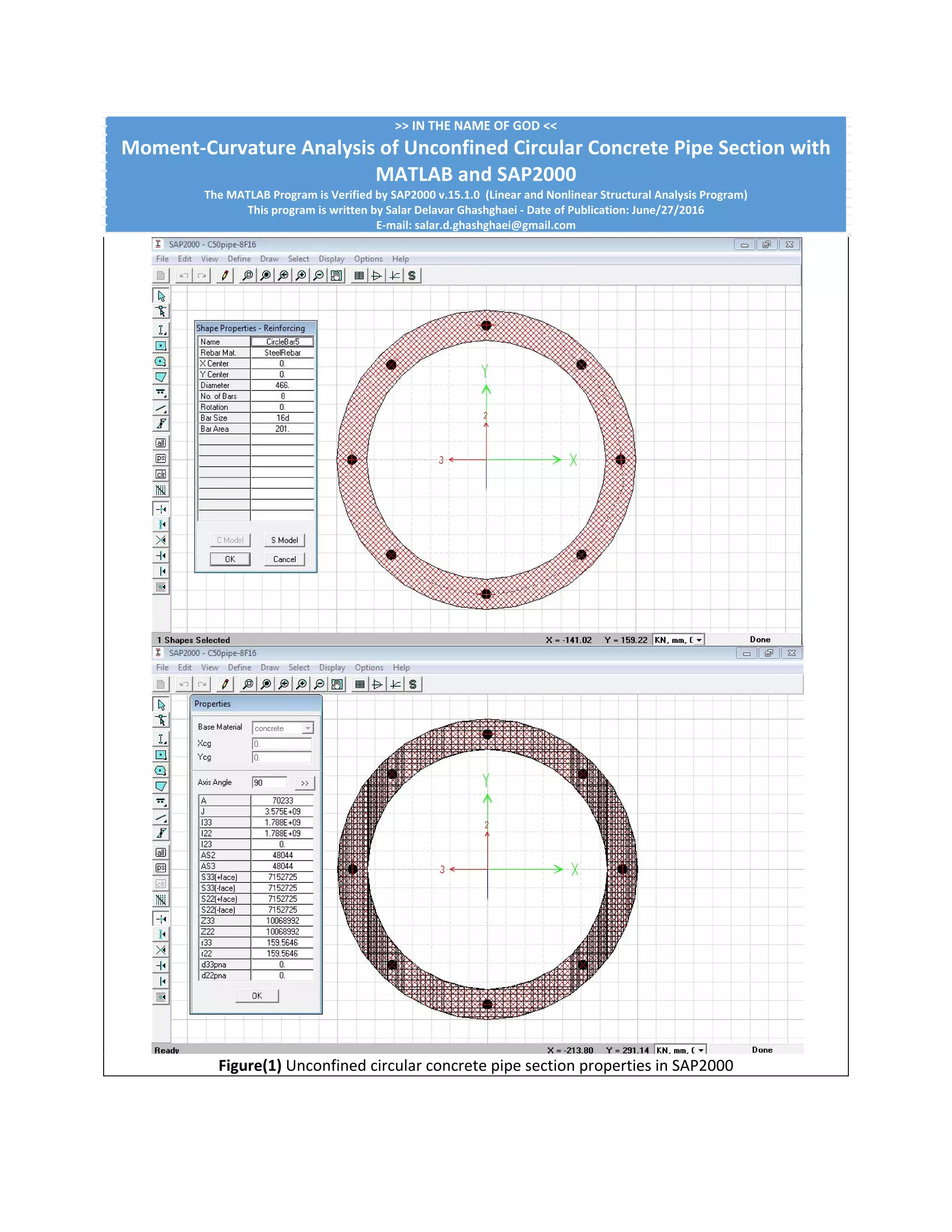 Moment curvature analysis of unconfined circular concrete pipe section with matlab and sap2000 | PDF