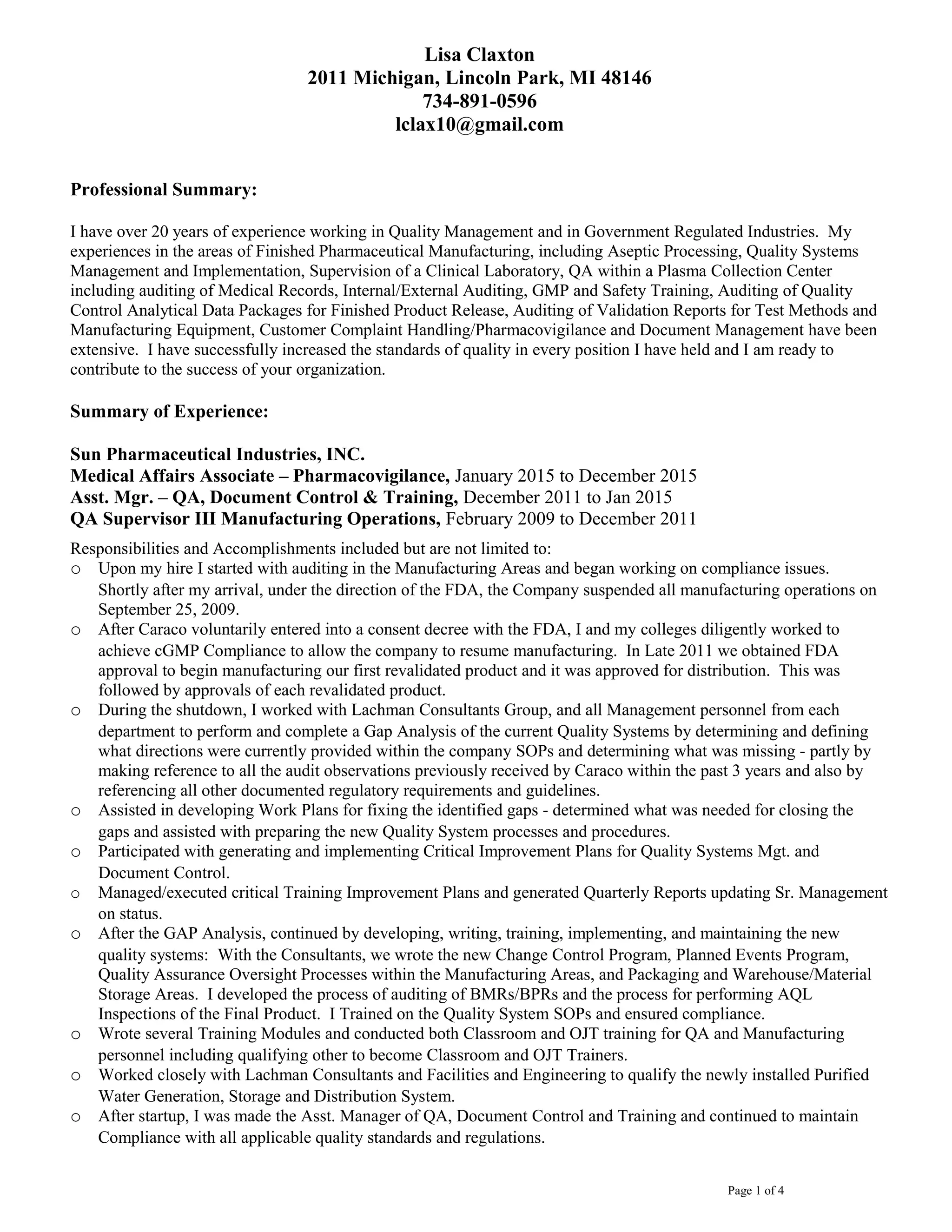 Resume Lisa Claxton 12-11-15 | DOC