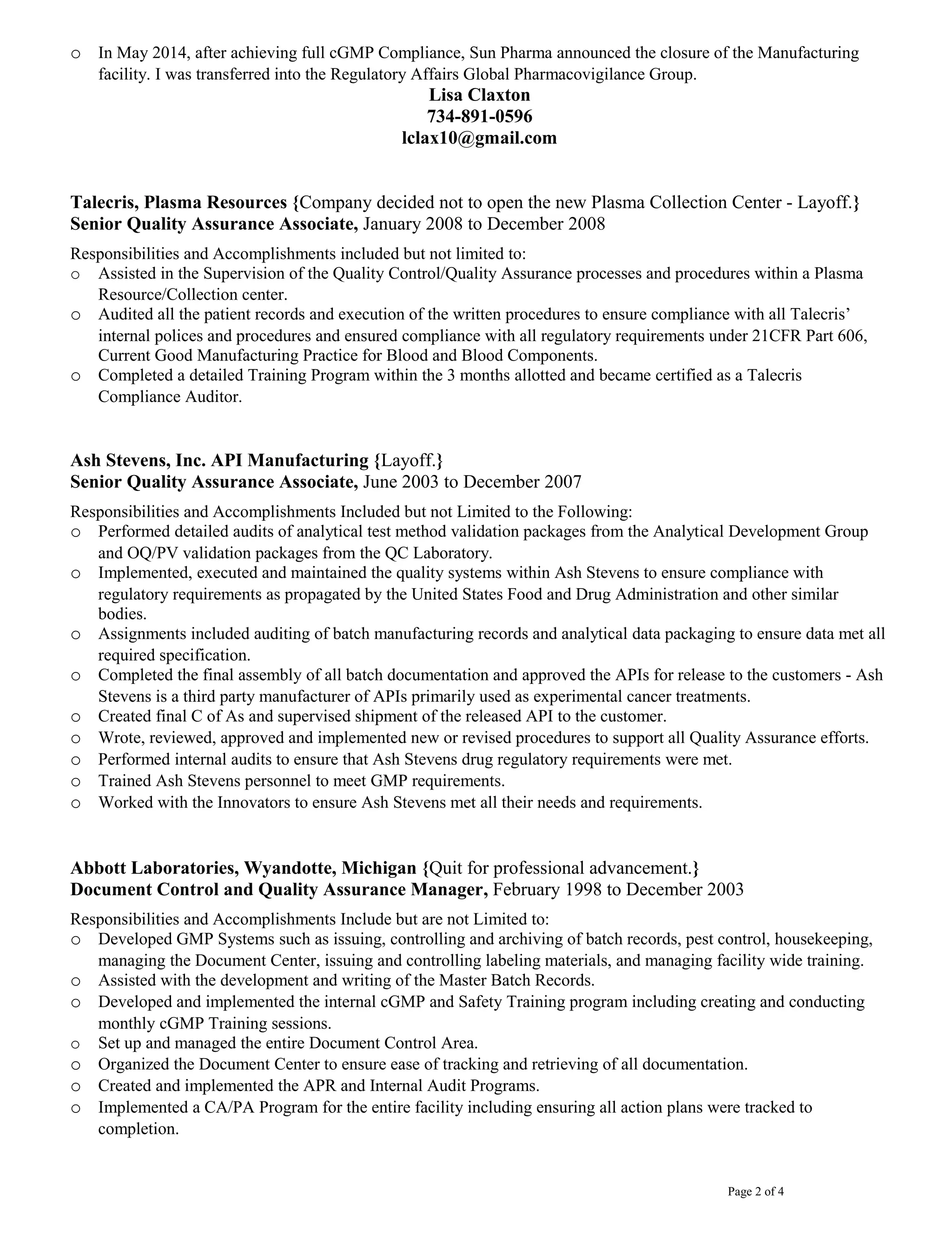Resume Lisa Claxton 12-11-15 | DOC