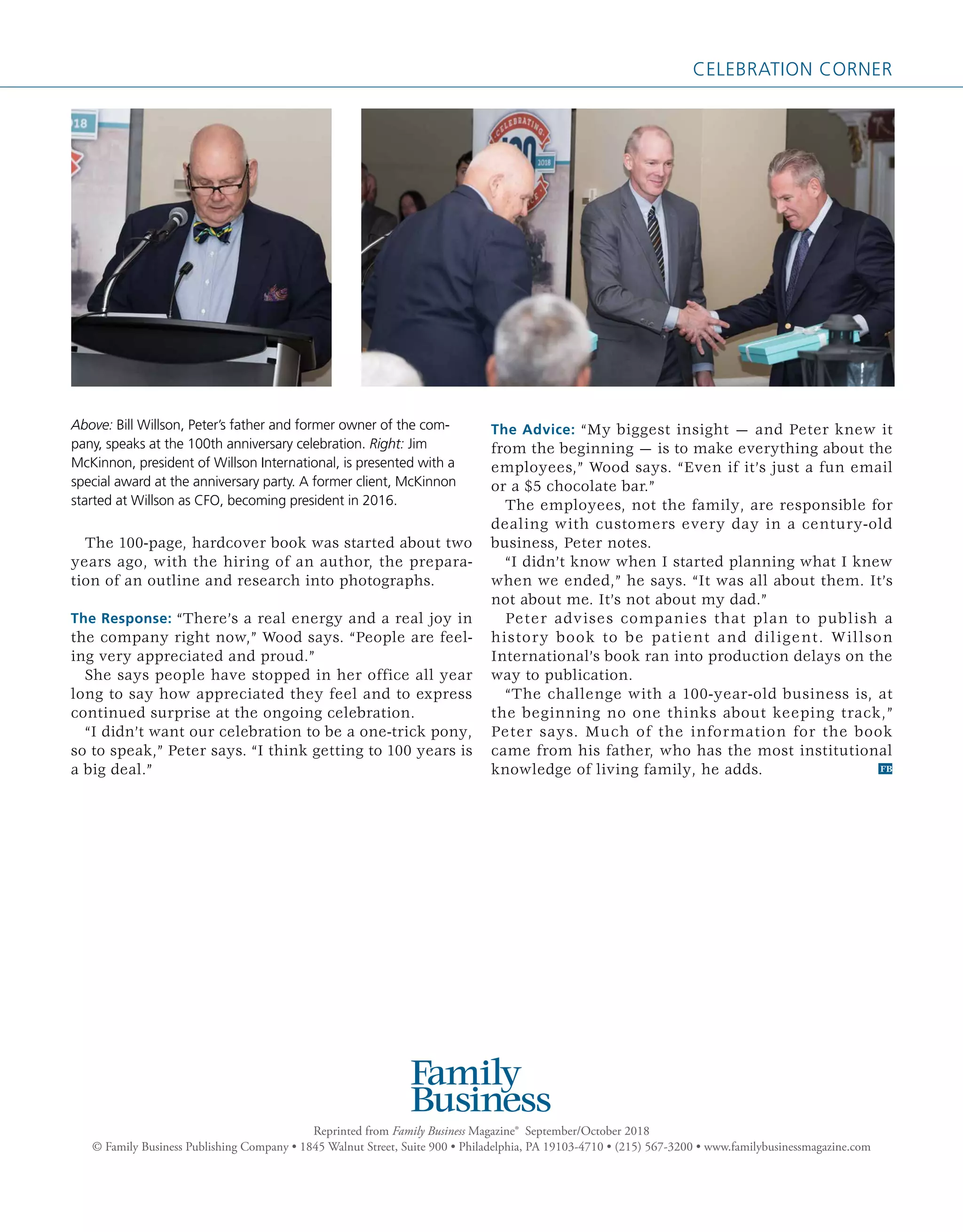 Willson's 100th Featured in Family Business | PDF