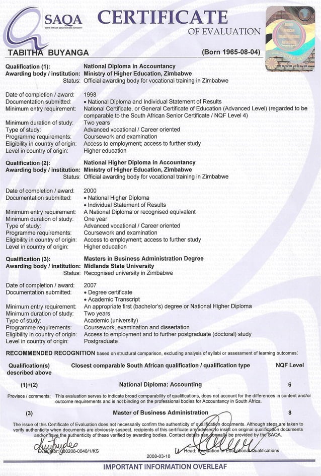 SAQA Certificate | PDF