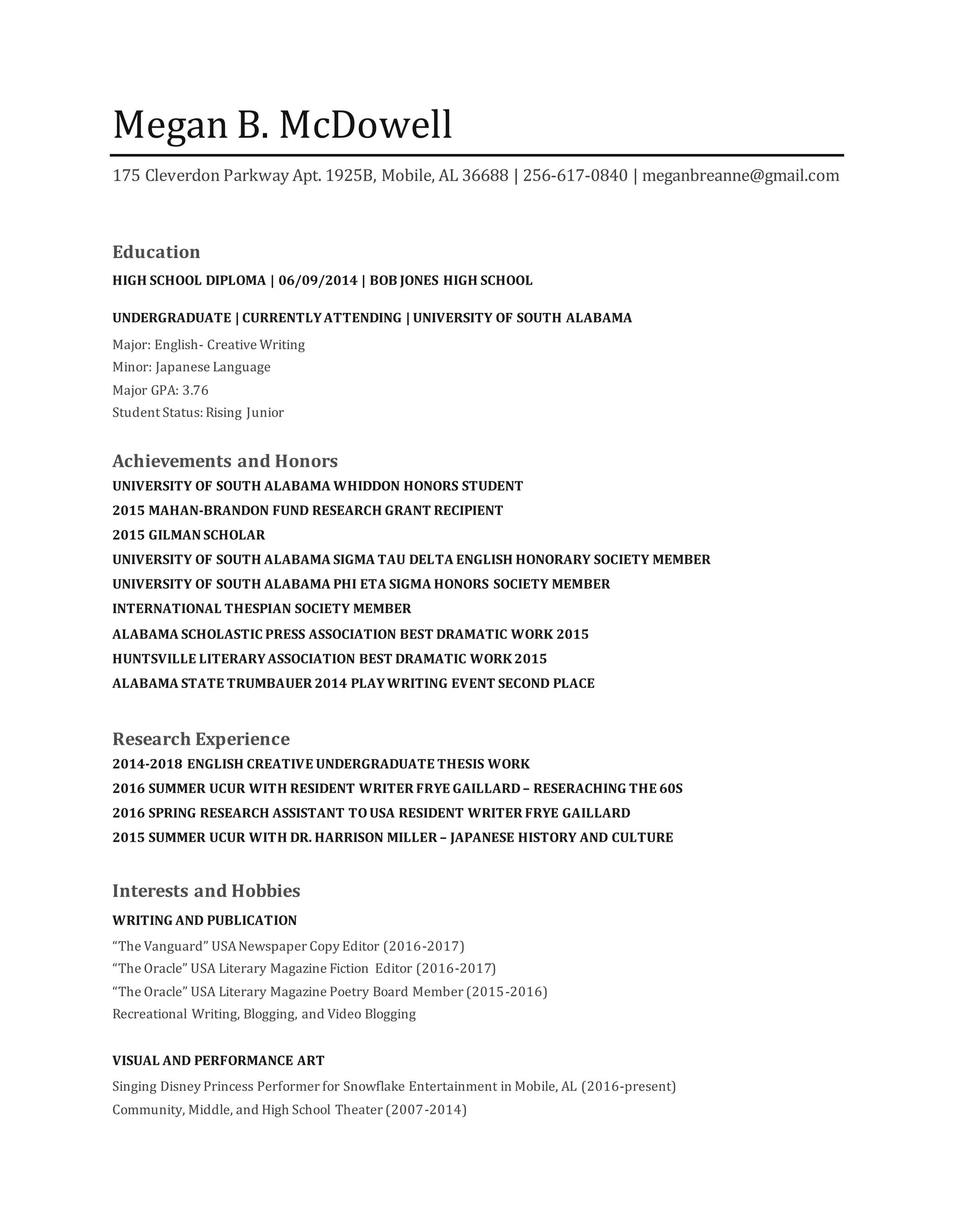 Megan McDowell Academic Resume | DOCX