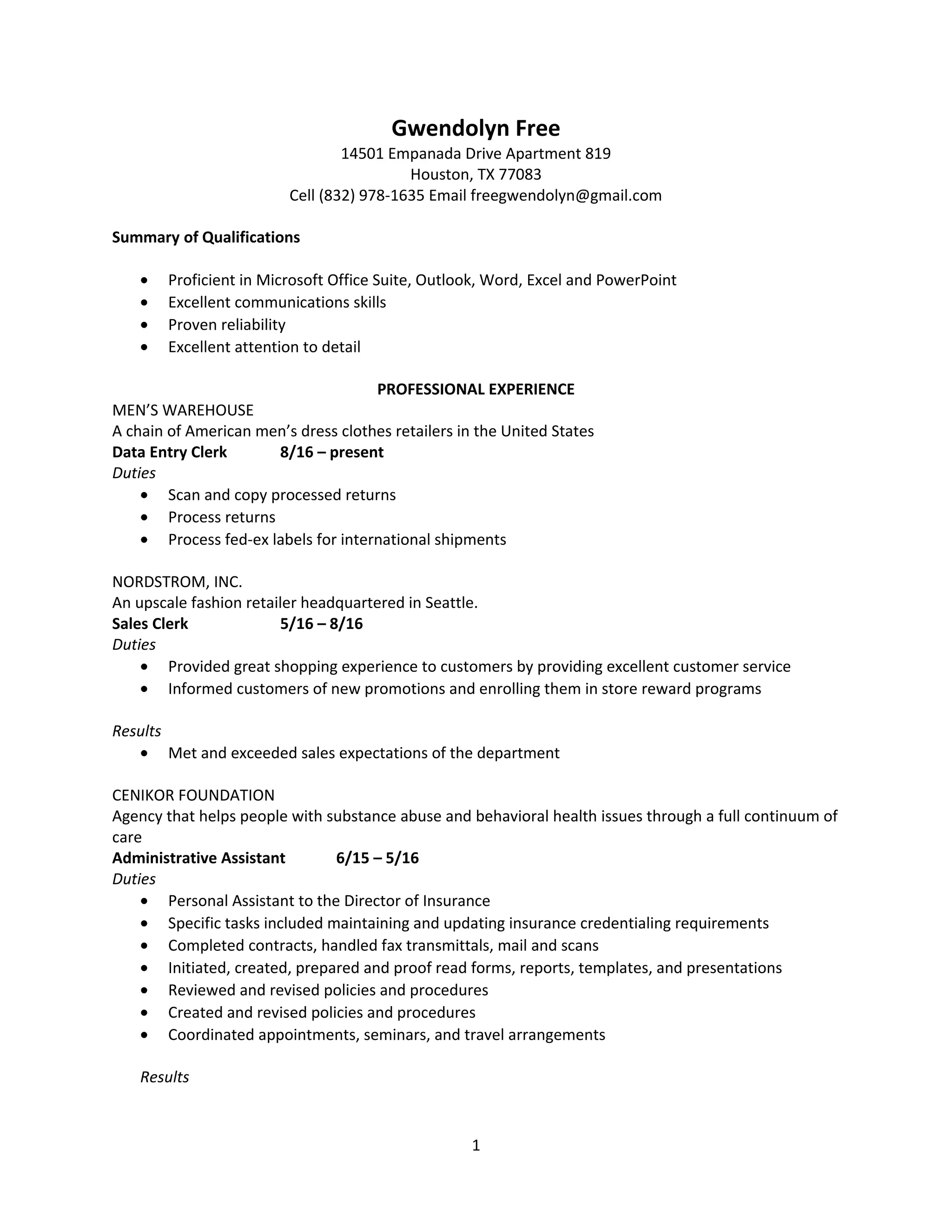 Gwendolyn Free resume | DOC