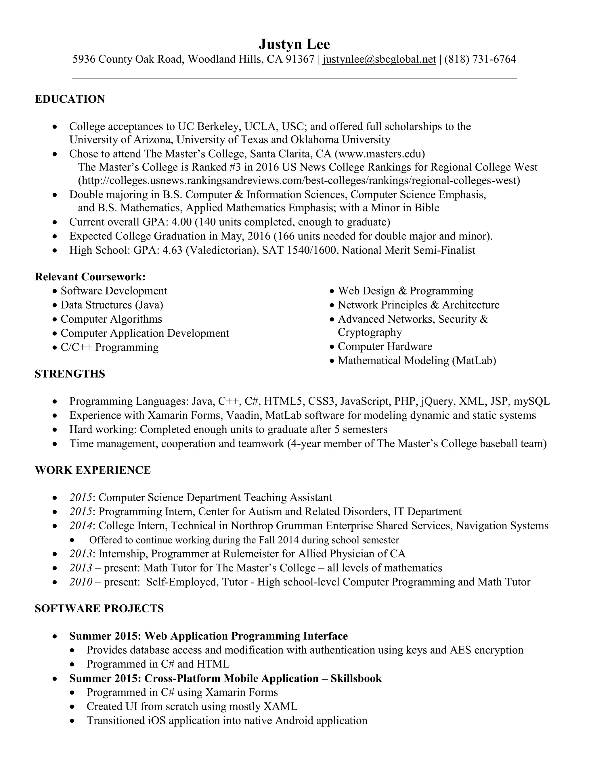 JustynLeeResumeNov2015 | PDF | Programming Languages | Computing