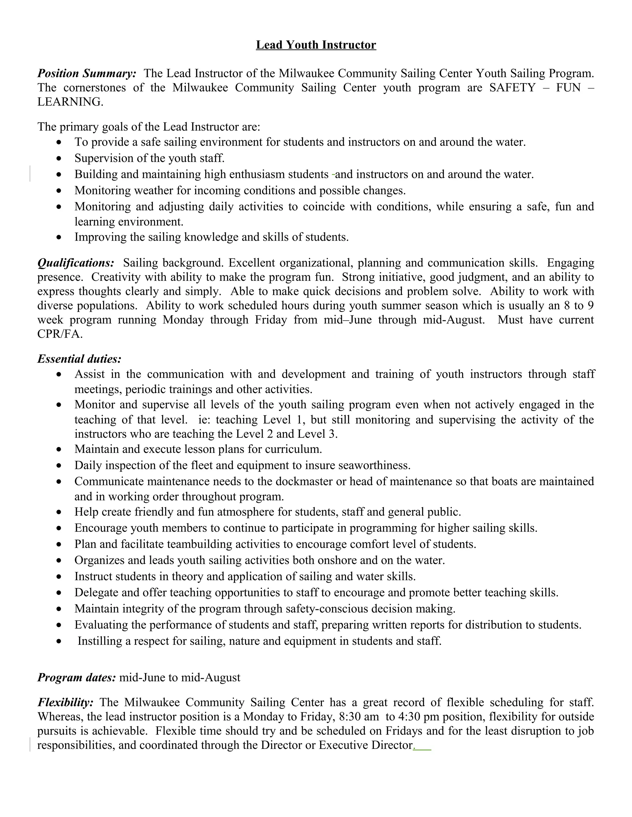 Lead Youth Instructor job description | DOC