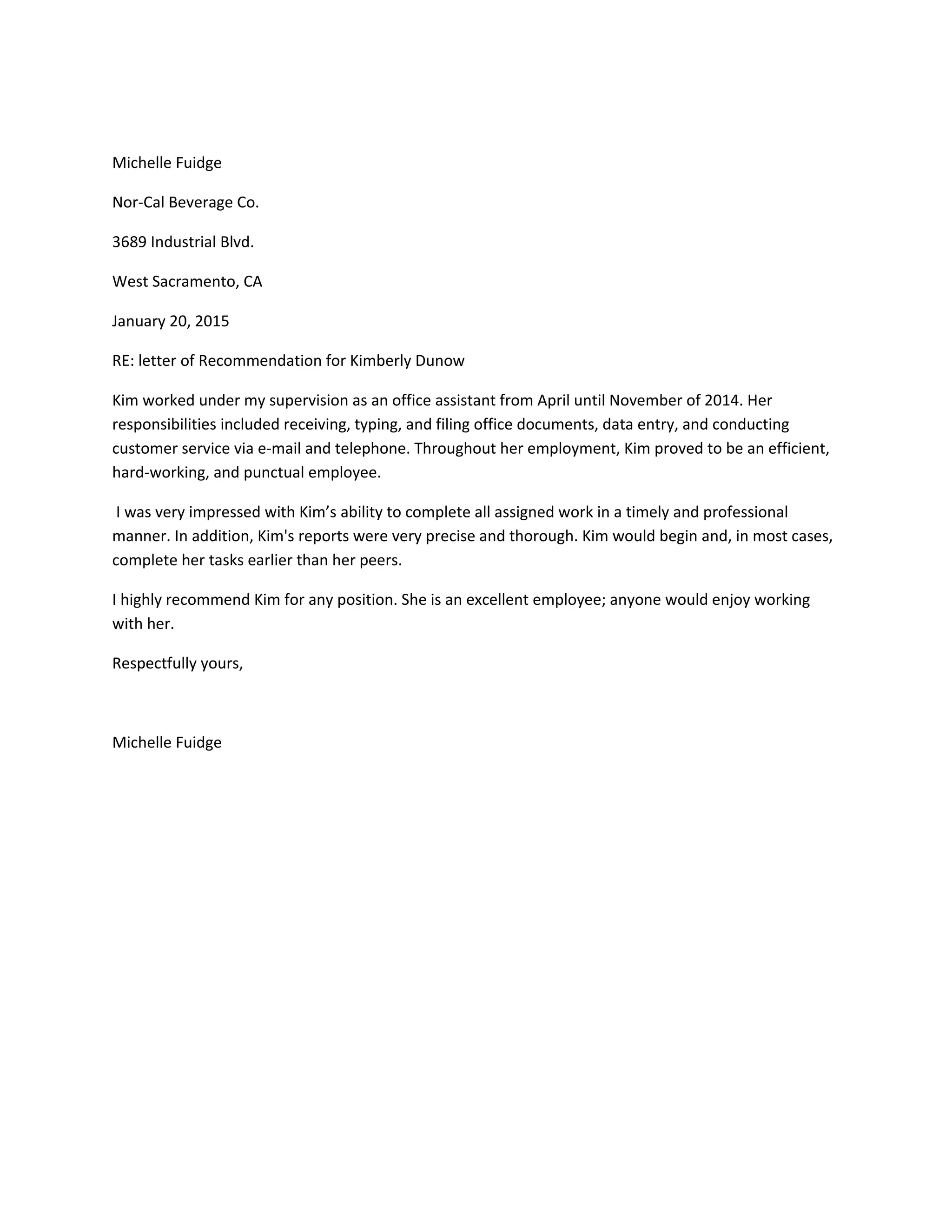 Kim Dunow - Letter - Michelle Fuidge | ODT