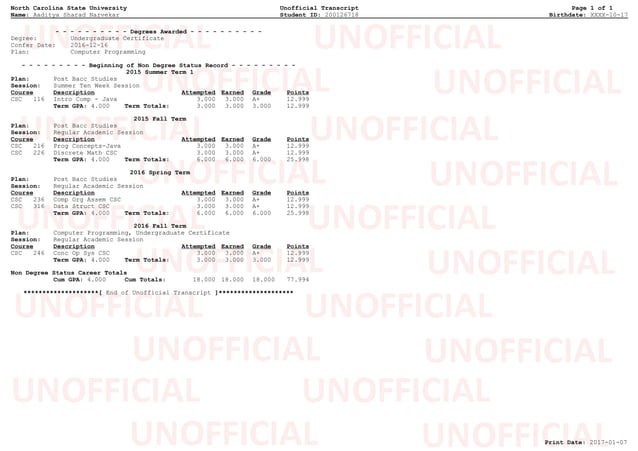 NCSU_Transcript | PDF | Undergraduate Education | College Education