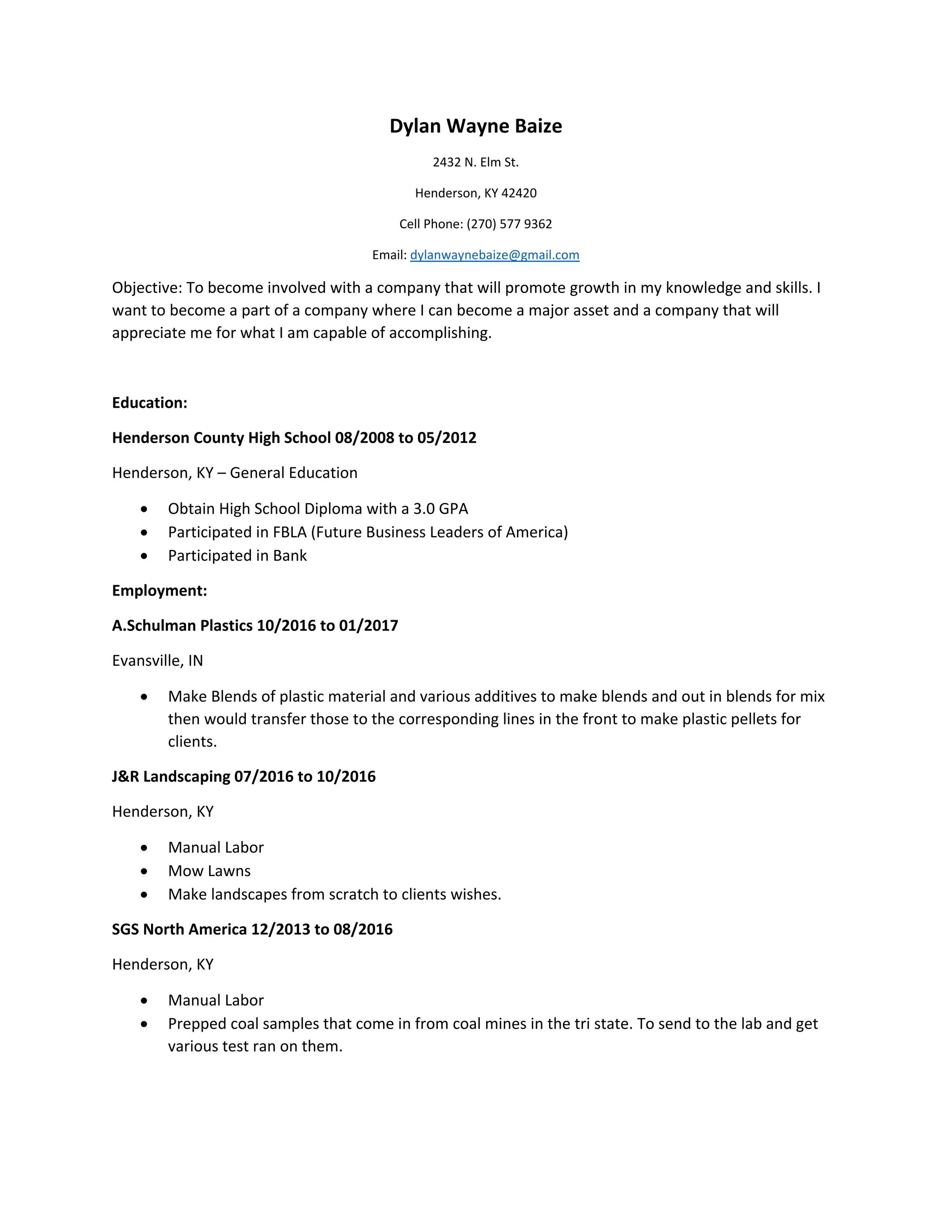 Dylan Wayne Baize Resume 1-2017 | PDF