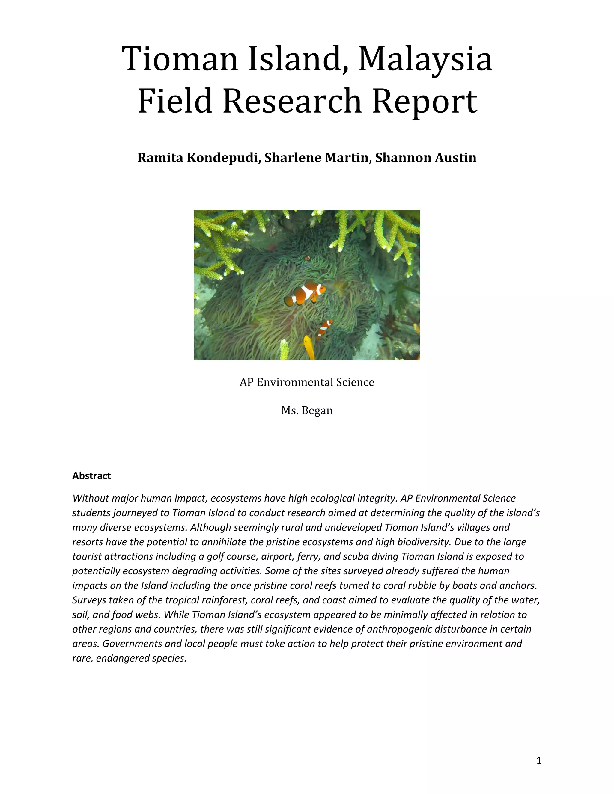Tioman Lab Report Final | PDF
