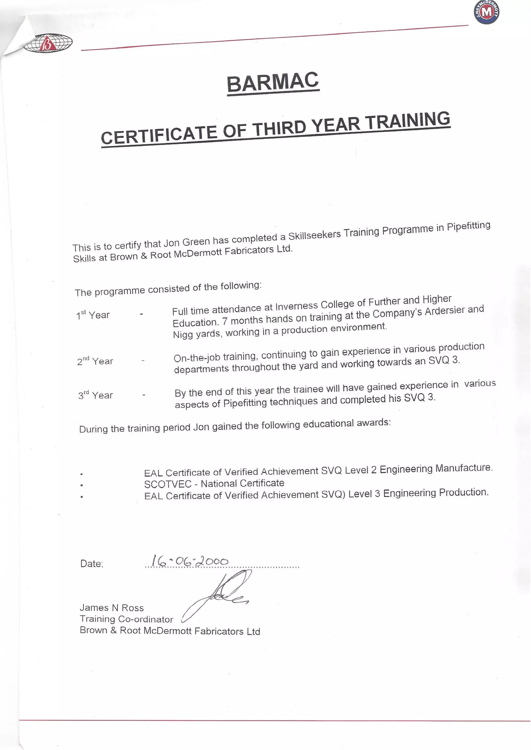 BARMAC Jon Green apprentice certs | PDF