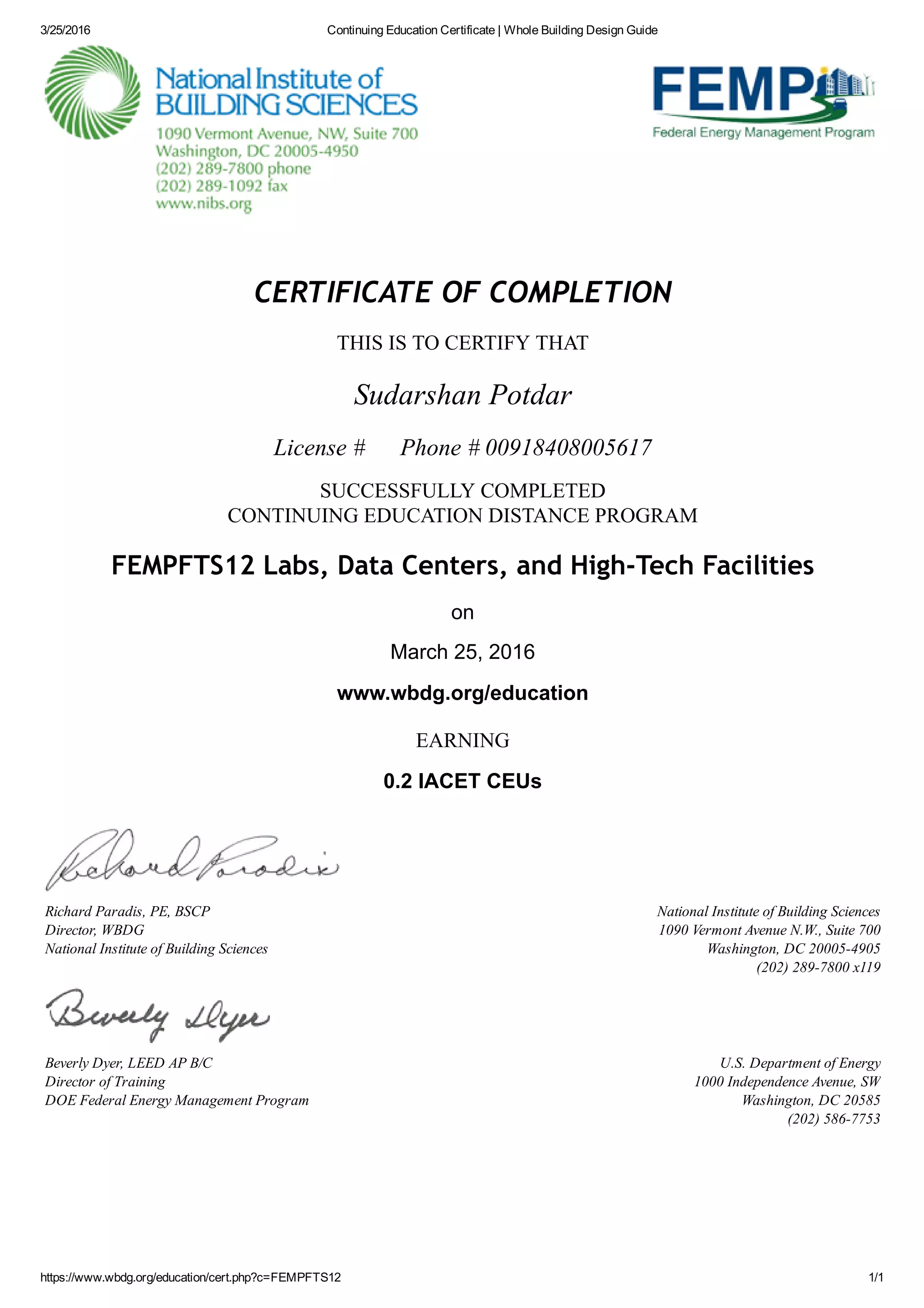 Certificate _FEMPFTS12 Labs, Data Centers, and High‐Tech Facilities | PDF