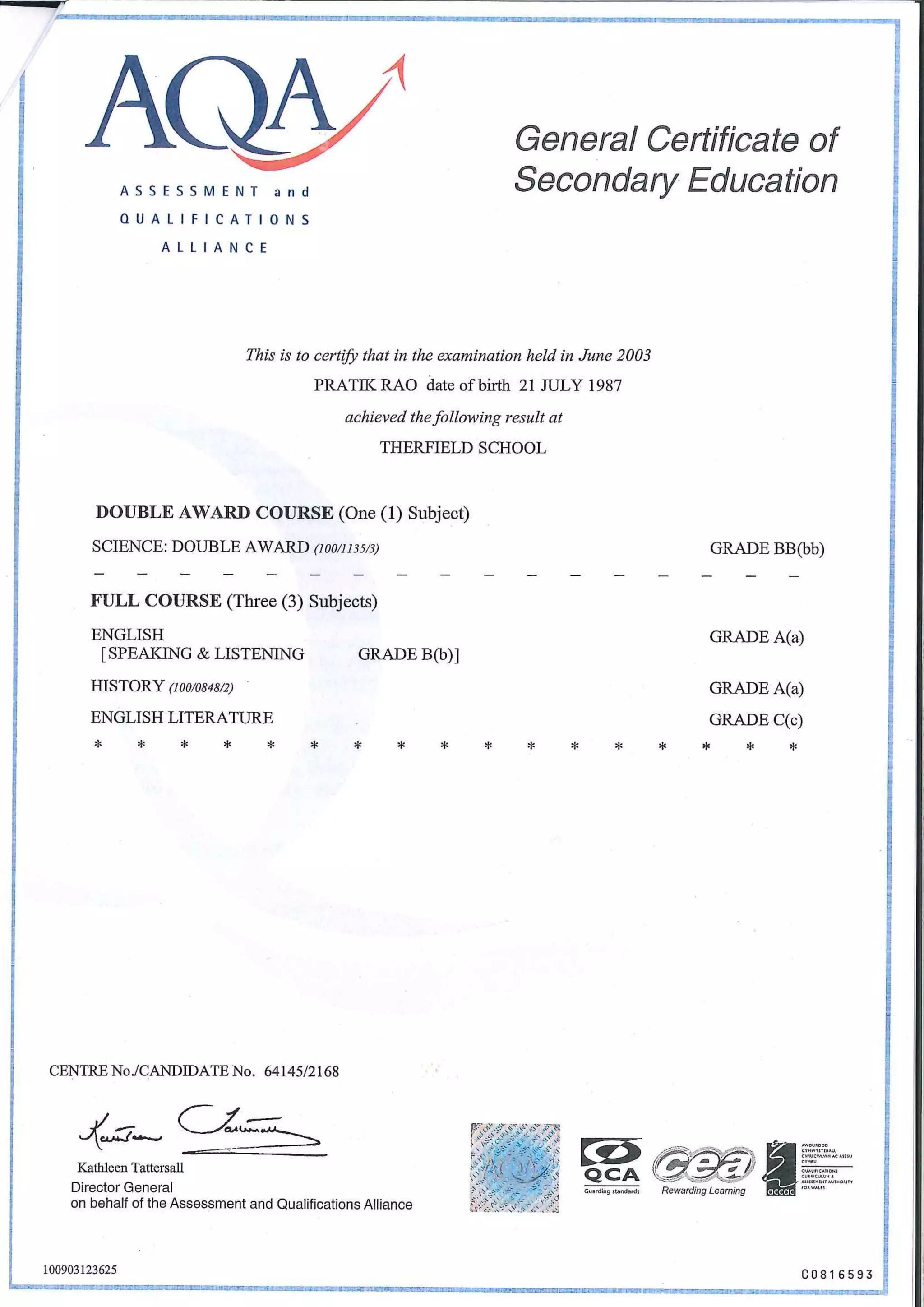 Pratik Rao - GCSE Transcripts | PDF
