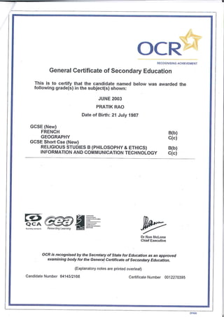 Pratik Rao - GCSE Transcripts | PDF