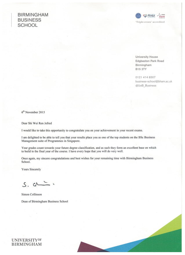 Dean's List Letter - University of Birmingham | PDF
